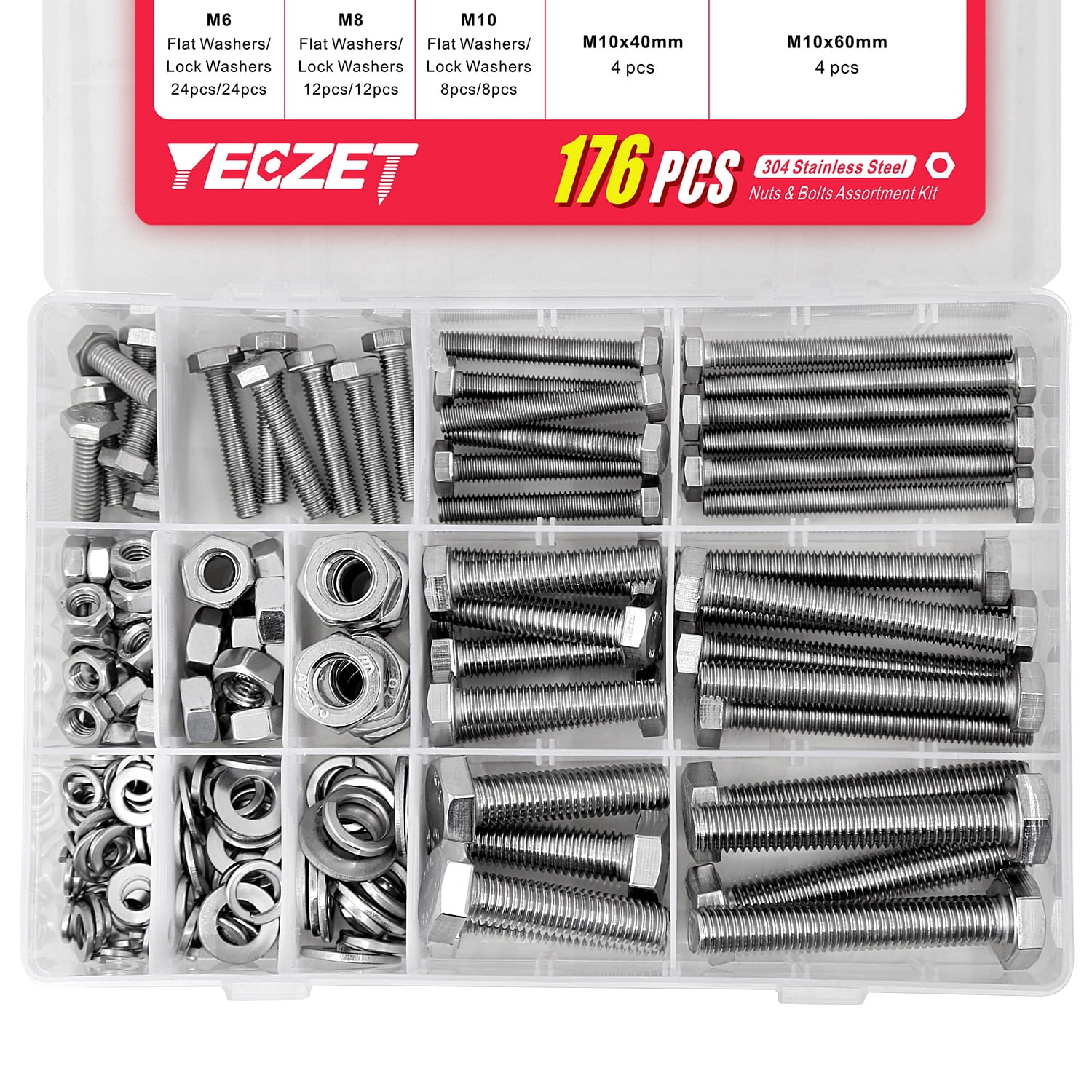 YEEZET 176PCS M6 M8 M10 Stainless Steel Hex Bolts and Nuts with ...