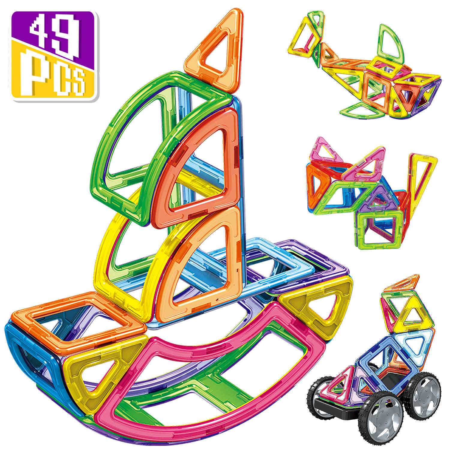 YEGAKE 49 pcs Magnet Tiles Building Block Magnetic Stick and Stack Set ...