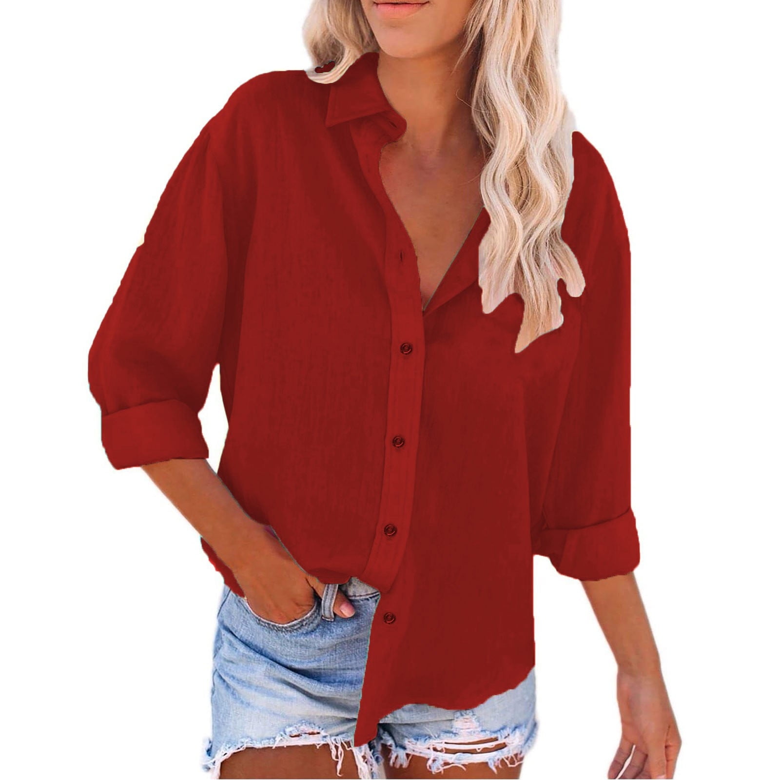 YEJIMAN Red Cotton Tshirts For Women, Linen Women's Spring Summer Solid ...
