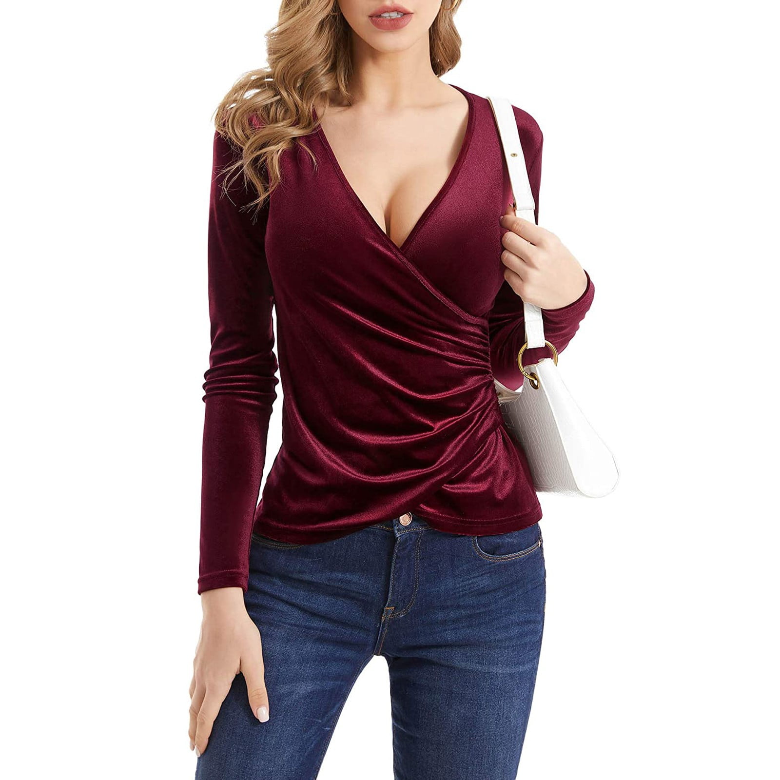 YEJIMAN Red Plus Size Tunic Tops, cotton T-Shirts For Women, Women Deep V Neck Long Sleeve ...