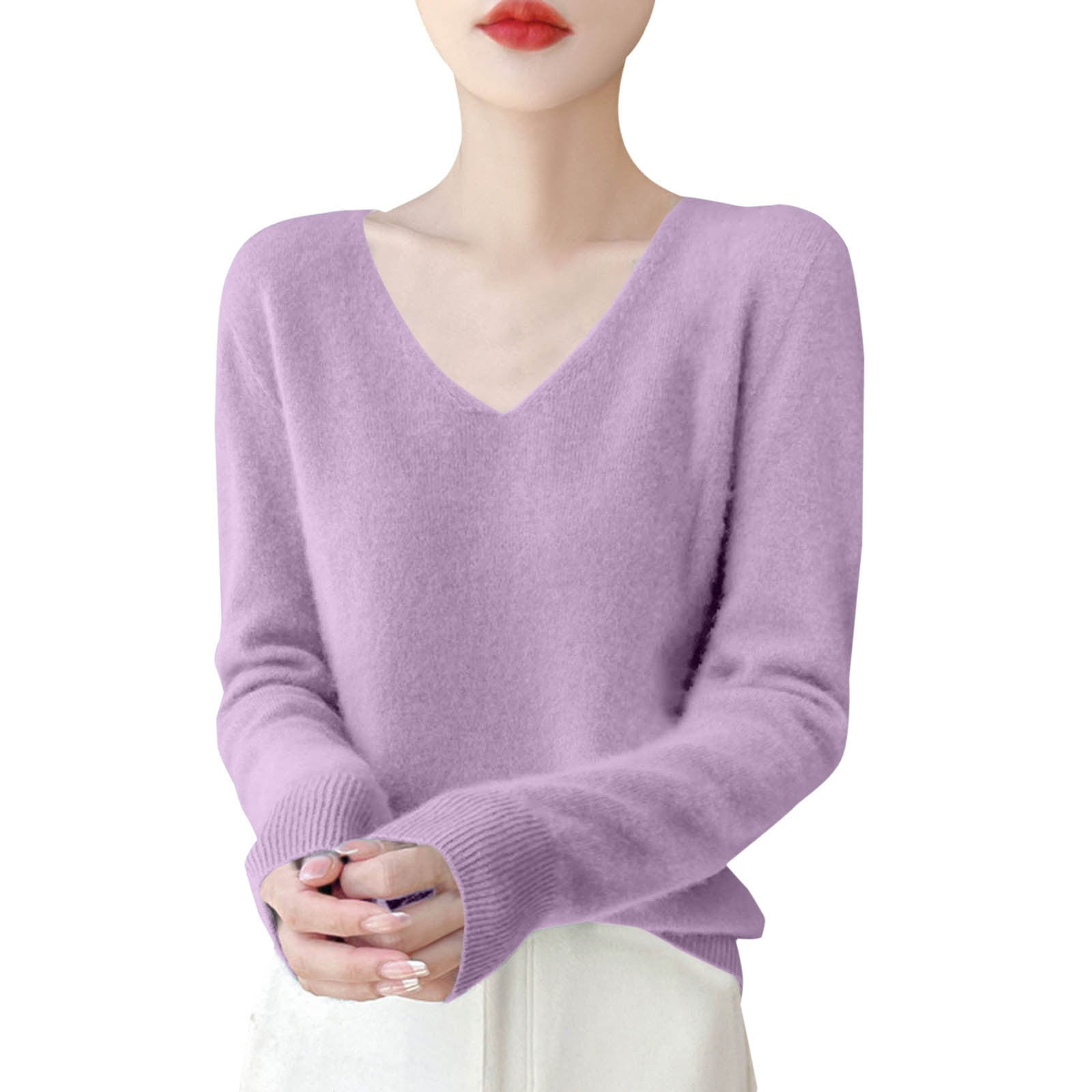 YEJIMAN Sweaters for Women New Line Pure Wool V Neck Solid Color ...
