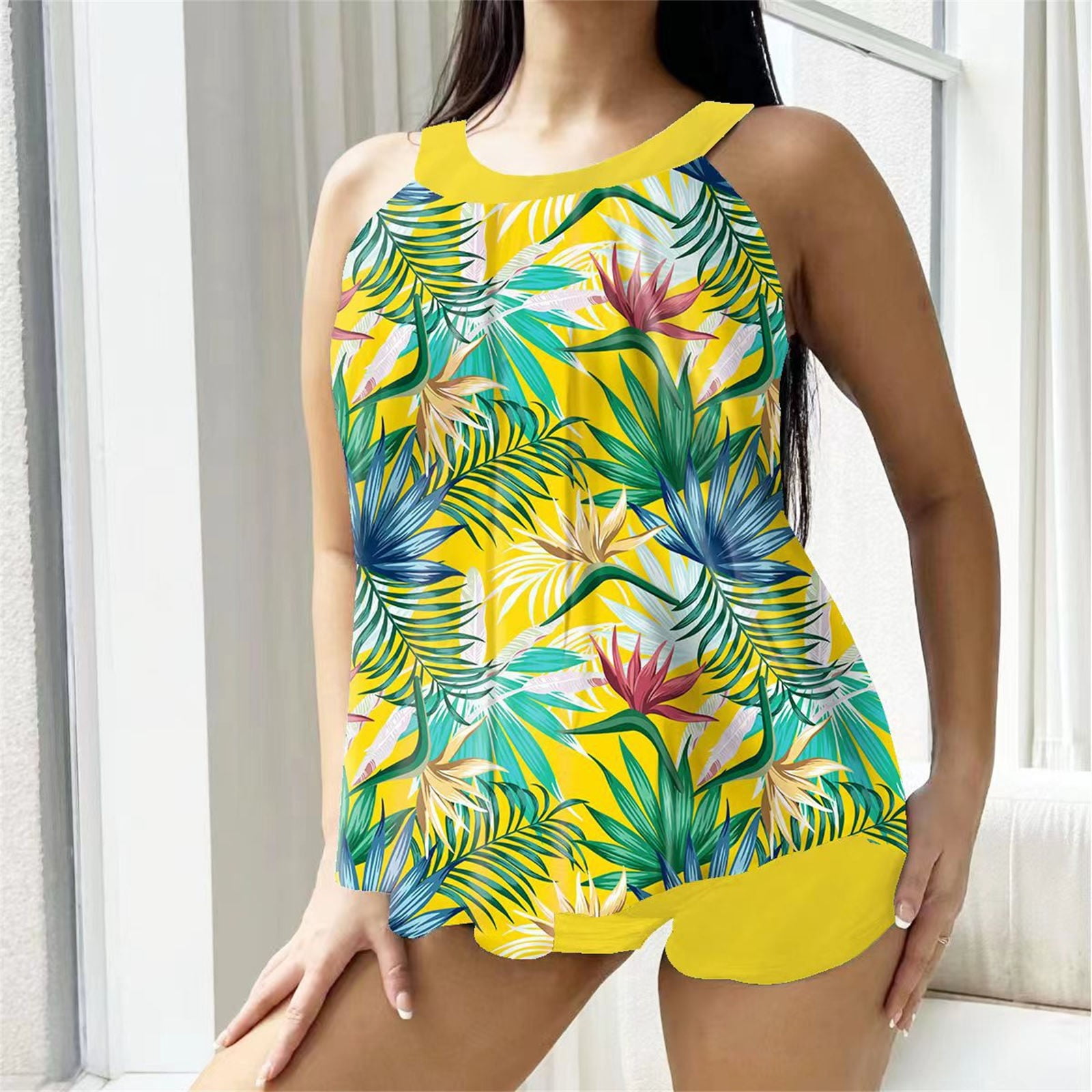 YEJIMAN Yellow Tankini Swimsuits for Women Tummy Control, Polyester ...