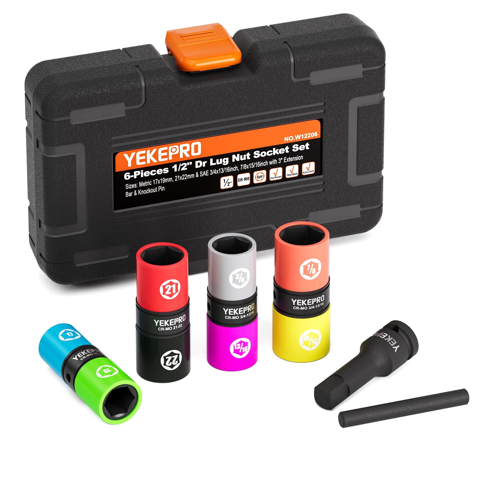 YEKEPRO Lug Nut Socket Set, 8 Size 1/2-Inch Drive Wheel Impact Flip Hex ...