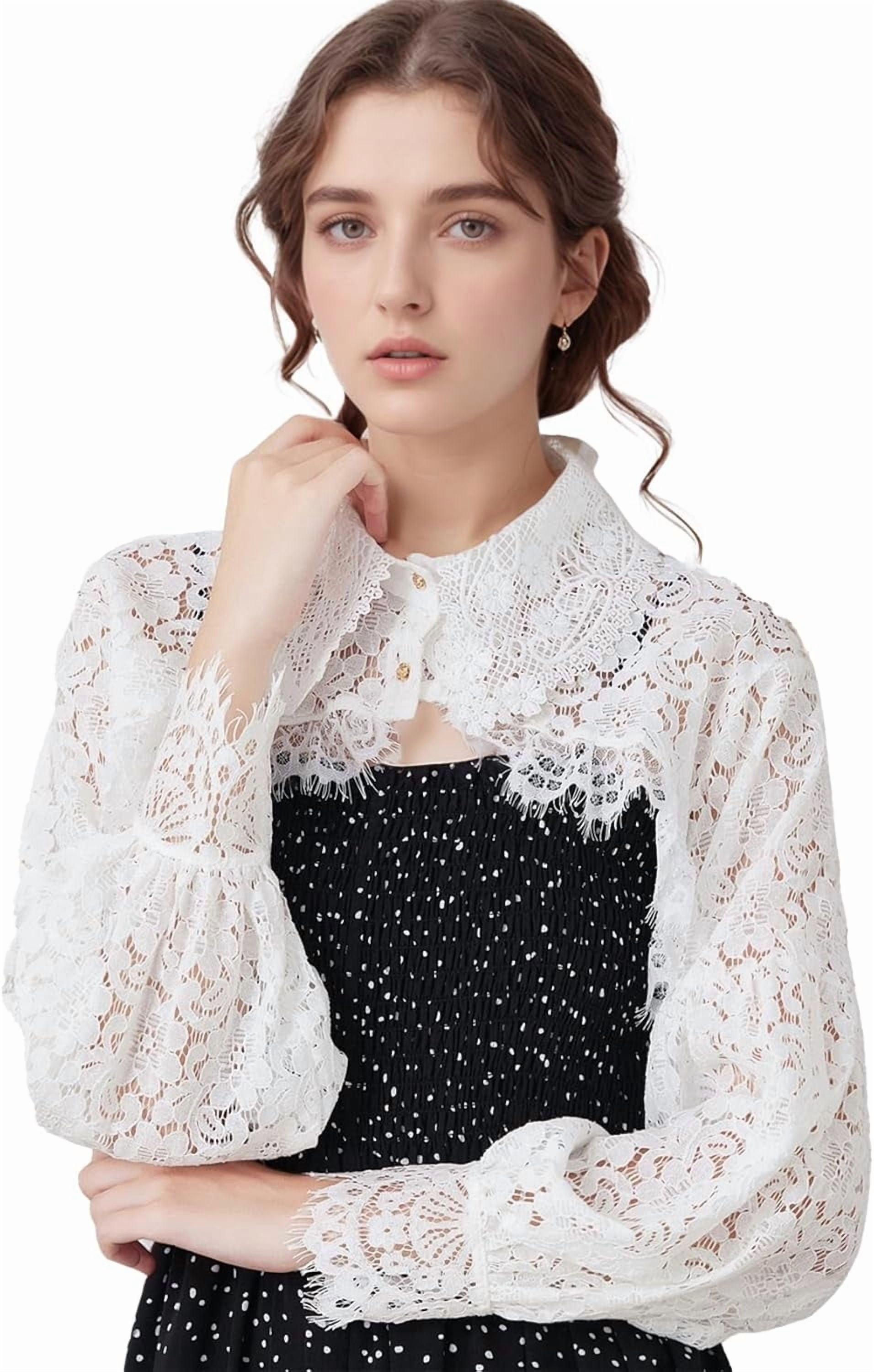 YEKEYI Fake Collar Shirt Long Sleeves Lace Shrug Victorian Blouse Crop ...