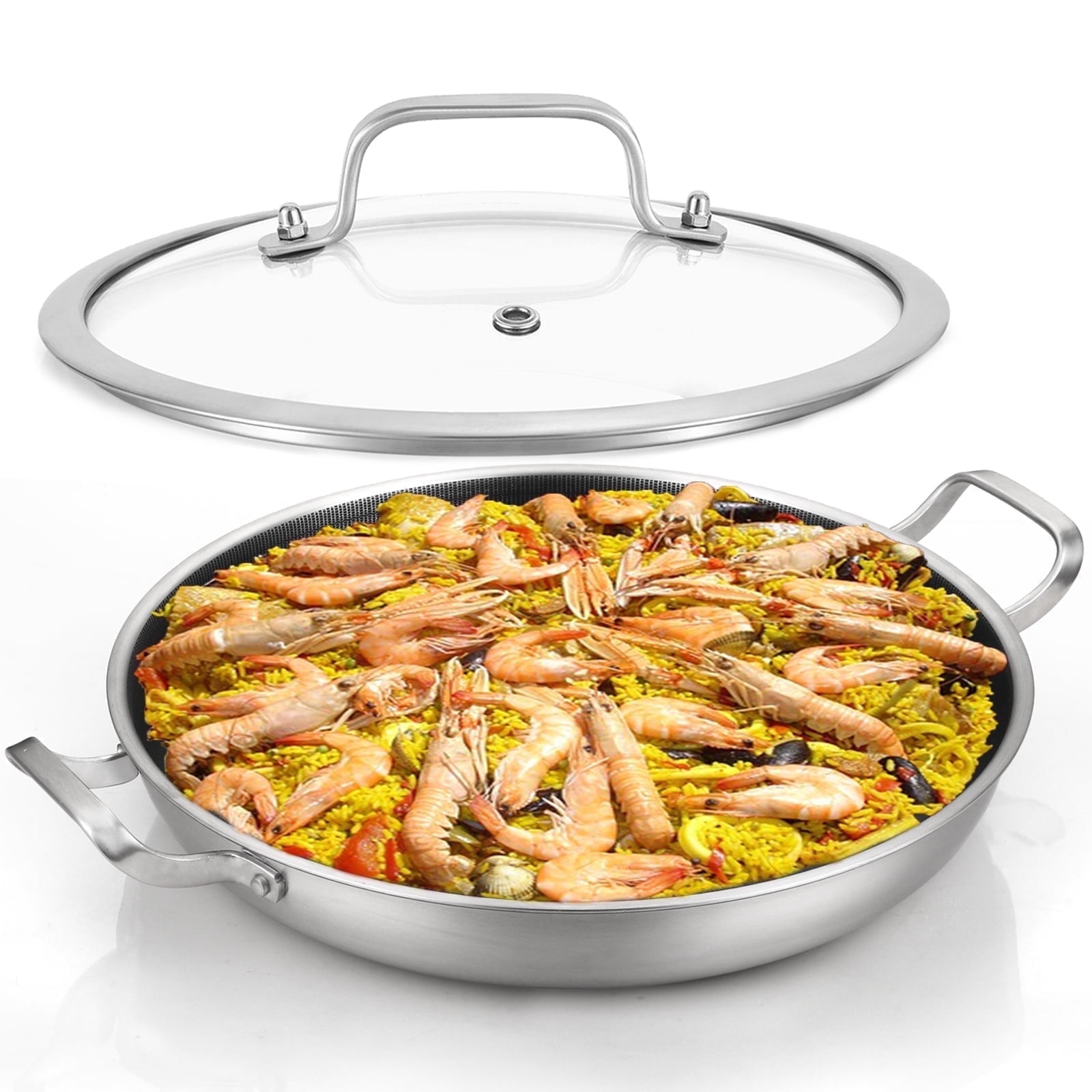 Free Shipping! YEKSUM Tri-Ply Stainless Steel Paella Pan with Lid 14 ...