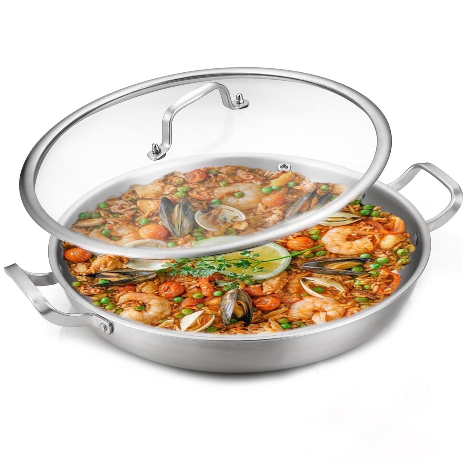 YEKSUM Tri-Ply Stainless Steel Paella Pan with Lid,14 Inch Frying Pan ...