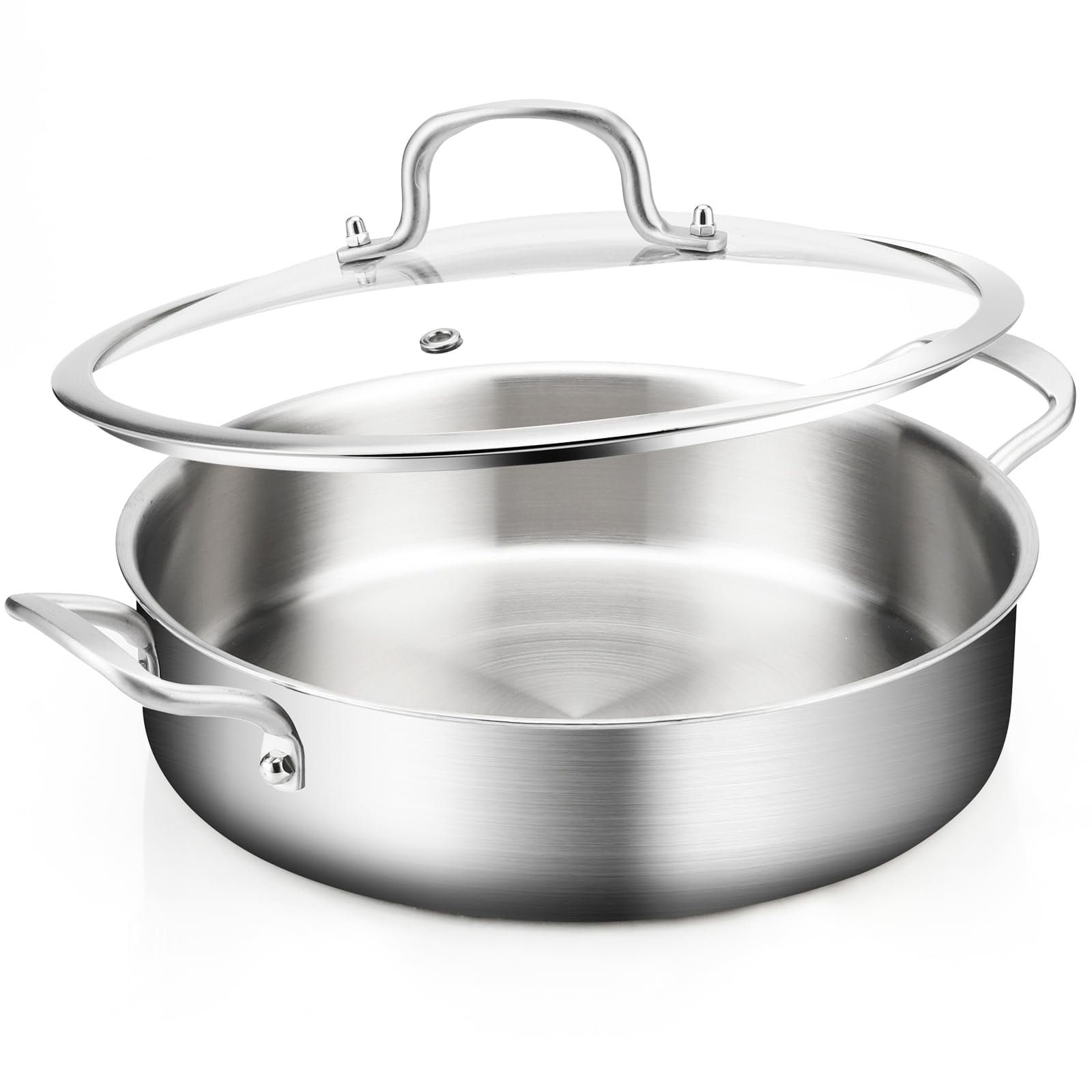 YEKSUM Tri-Ply Stainless Steel Saute Pan,12inch,5QT Deep Frying Pan ...