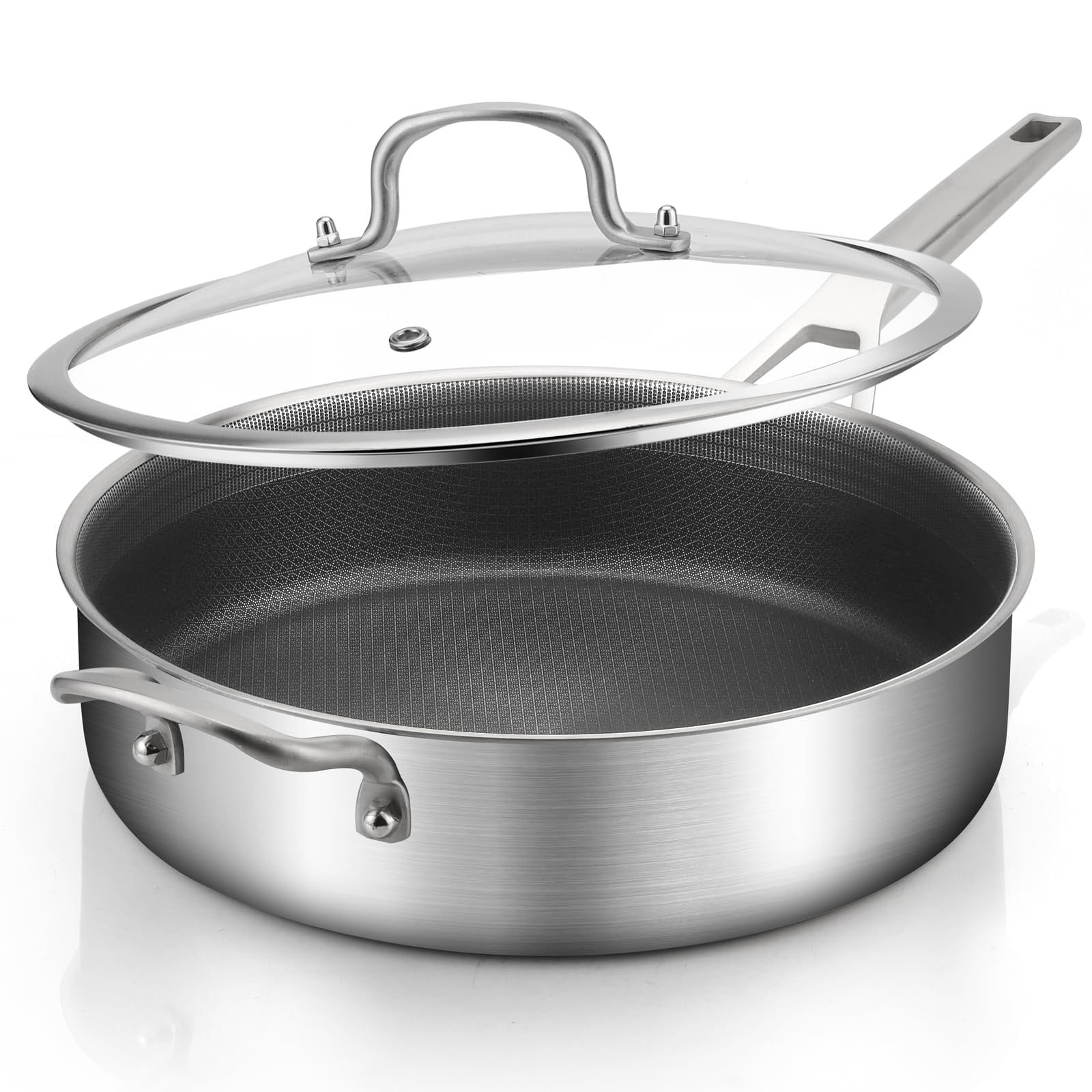 YEKSUM Tri-Ply Stainless Steel Saute Pan 6 Quarts Deep Frying Pan, 12 ...