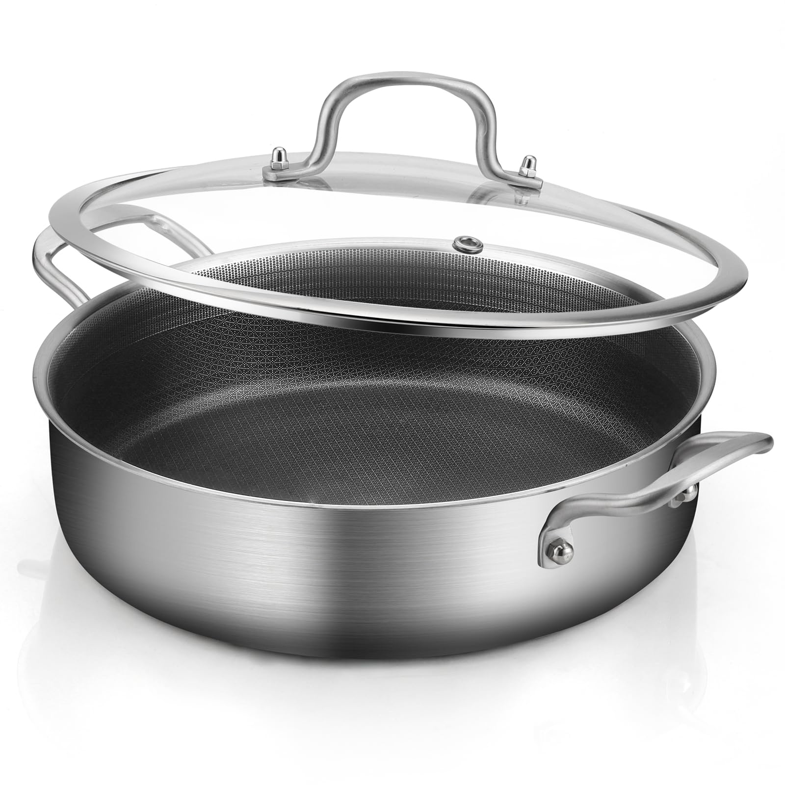 YEKSUM Tri-Ply Stainless Steel Saute Pan, 6QT Deep Frying Pan ...