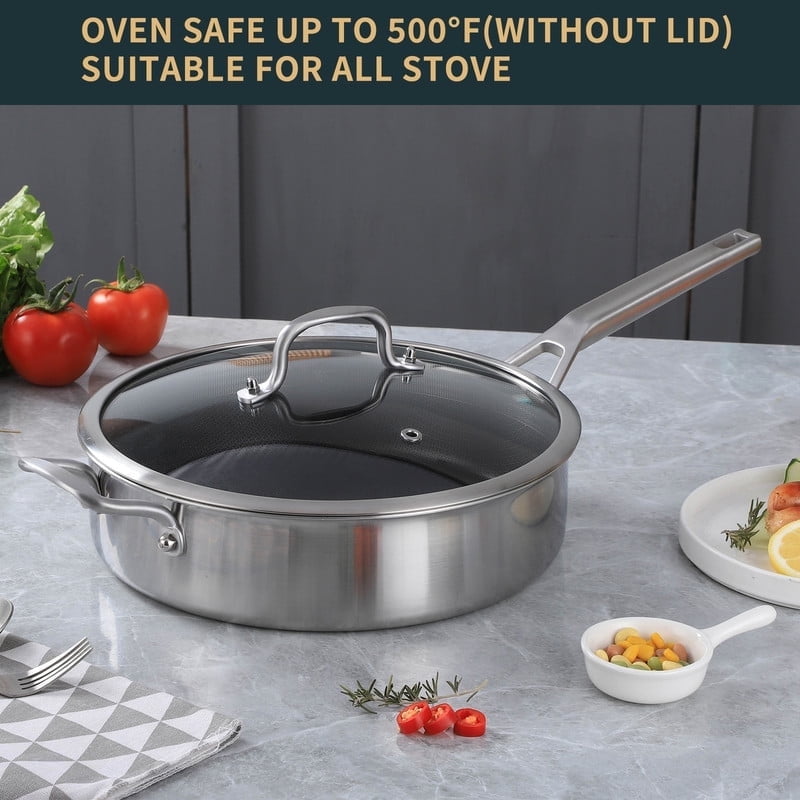 YEKSUM Tri-Ply Stainless Steel 7 Quarts Deep Frying Pan with lid ...