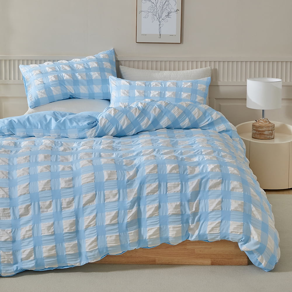 YELEE 3 Pieces Comforter Cover Queen Size Soft Cozy Blue Plaid Duvet ...