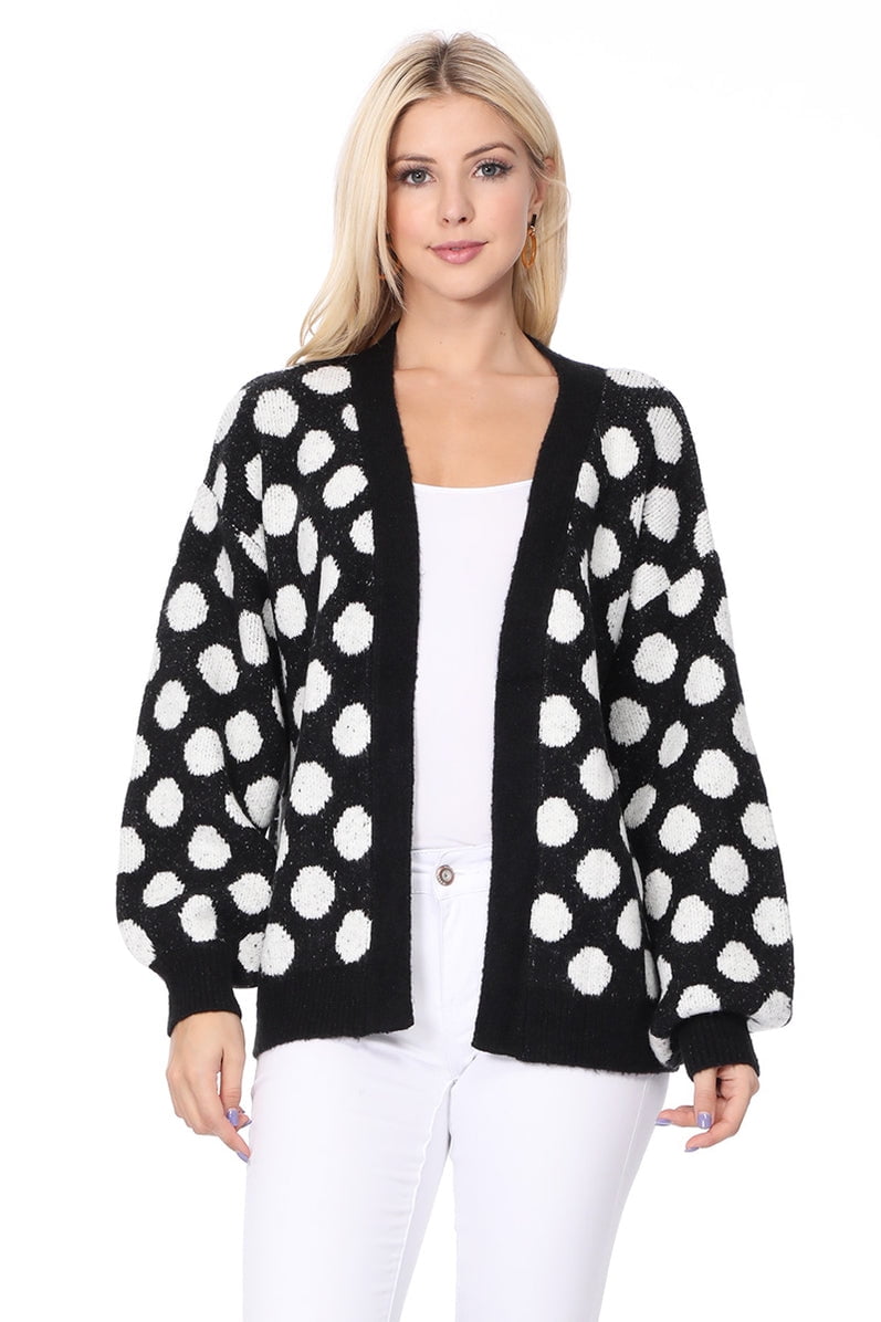 YEMAK Women's Chunky Polka Dot Open Front Long Sleeve Jacket Sweater ...