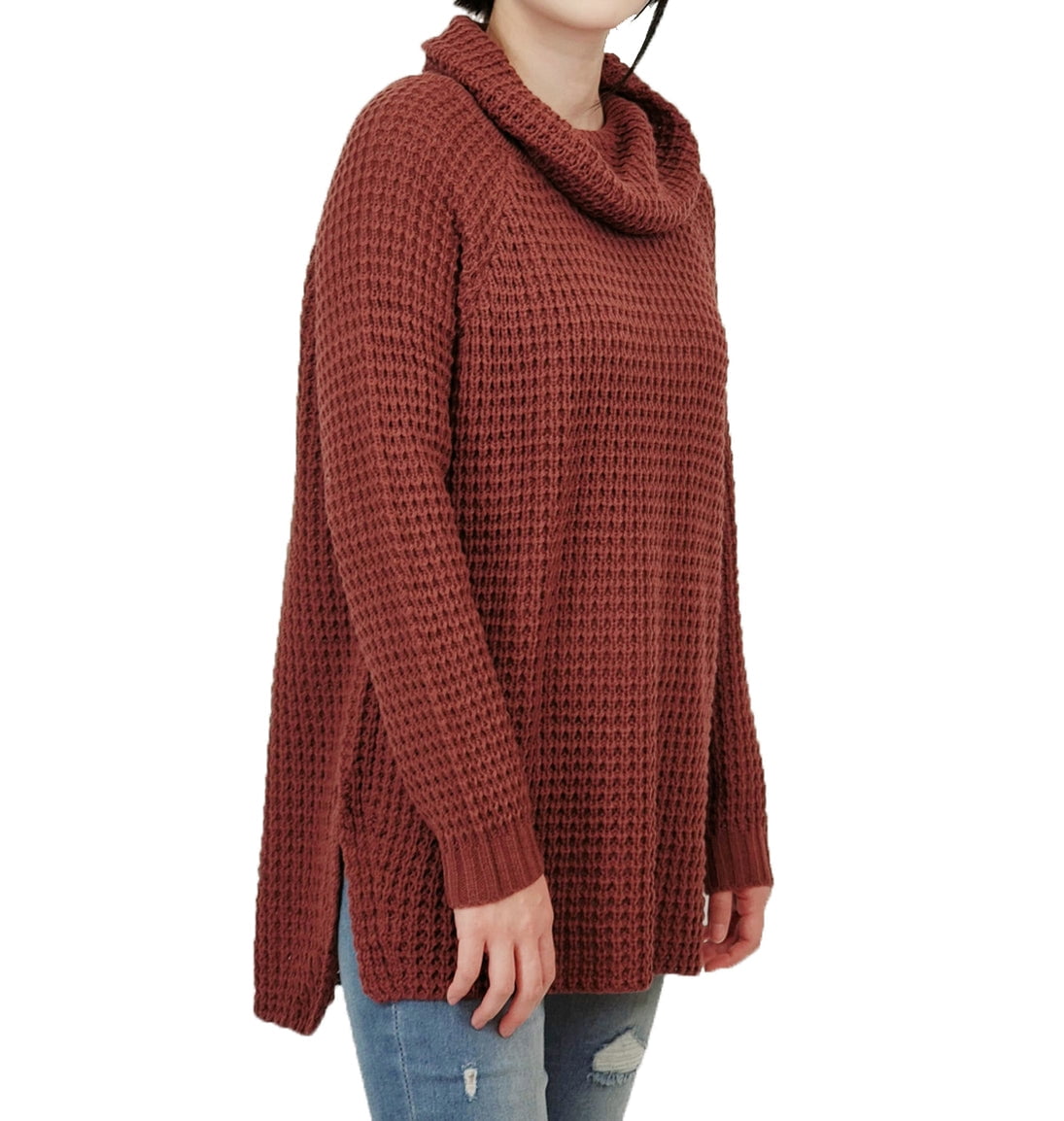 YEMAK Women's Cowl Neck High Low Hem Side Slit Pop-Corn Knit Casual ...