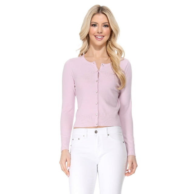 Yemak Womens Long Sleeve Crewneck Cropped Button Down Cardigan Sweater Mk5502 Orchid M
