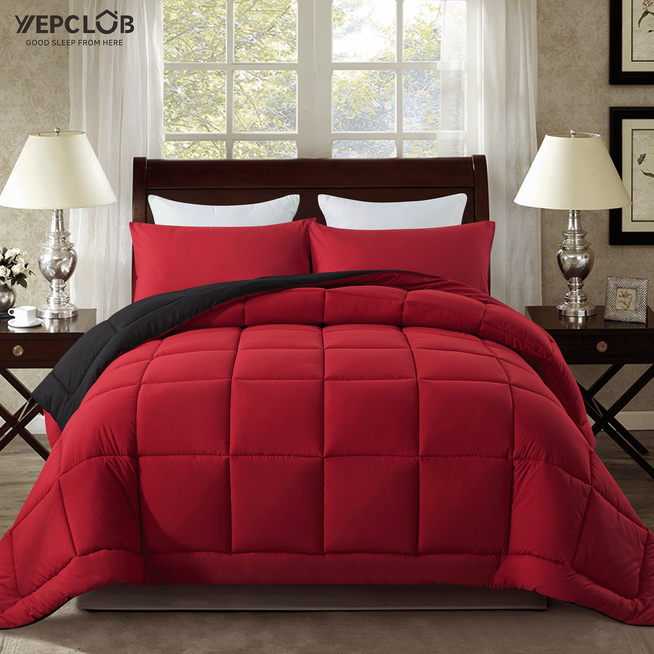 YEPCLUB 3-Piece Queen Comforter Set – Black and Red Reversible All ...