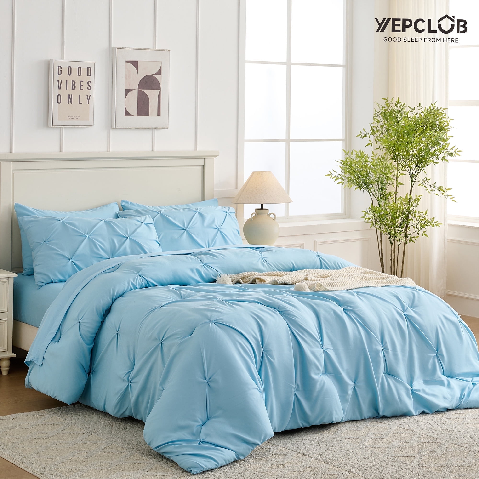 YEPCLUB 7-Piece Full Comforter Set Blue Pinch Pleat Bedding, All Season ...