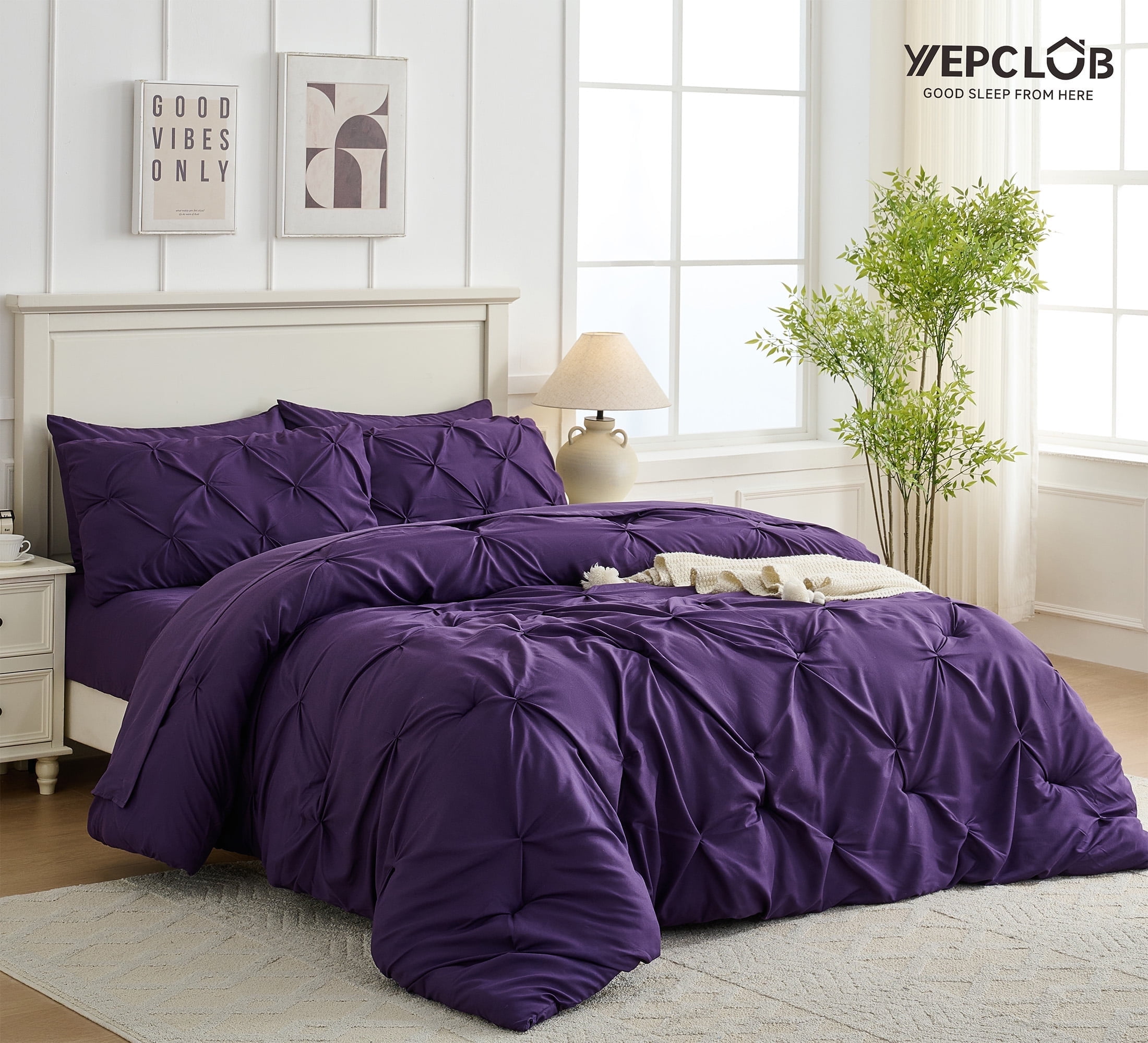 YEPCLUB 7-Piece Full Comforter Set Purple Pinch Pleat Bedding, All ...