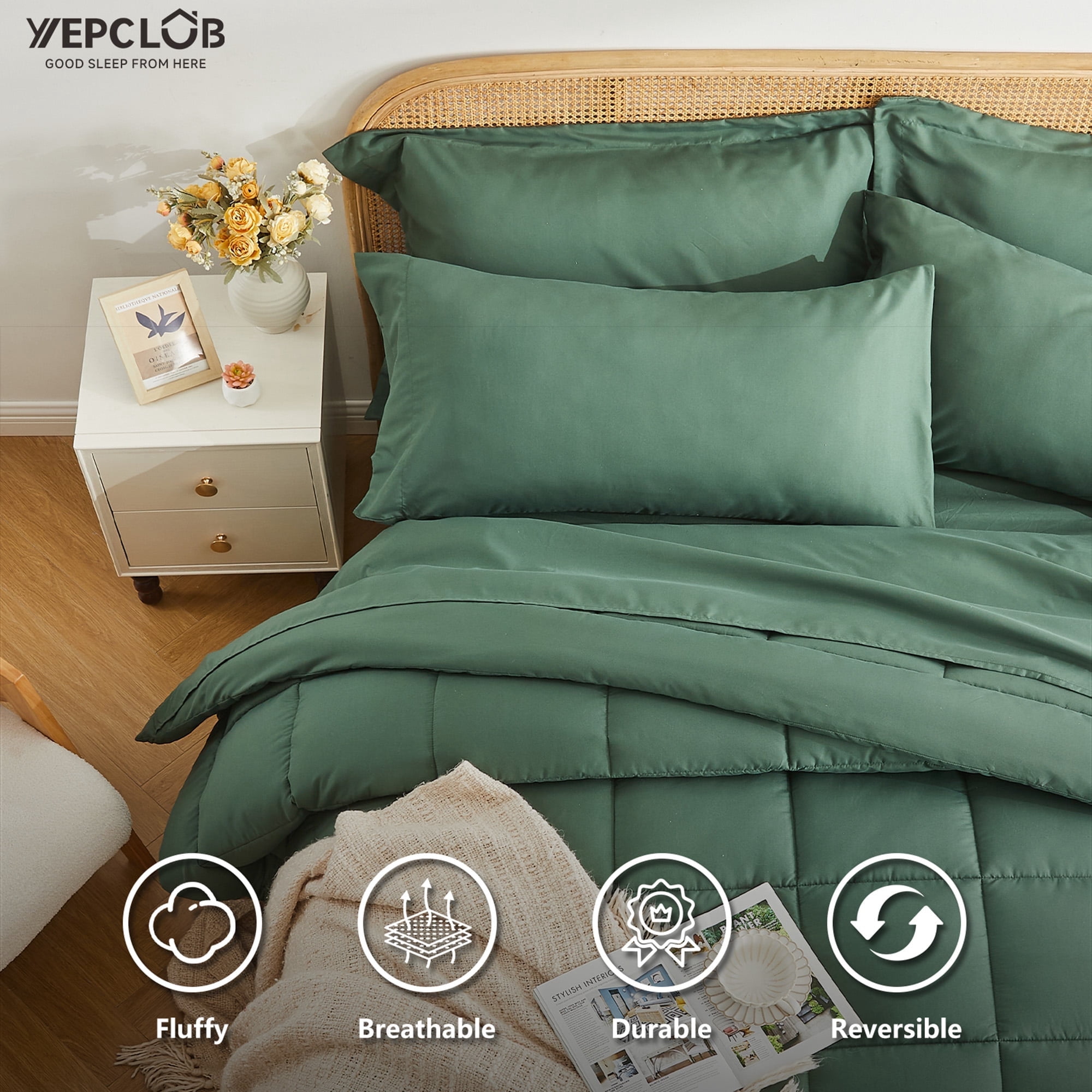 YEPCLUB 7-Piece King Bedding Set – Green Comforter, Sheets, Shams ...