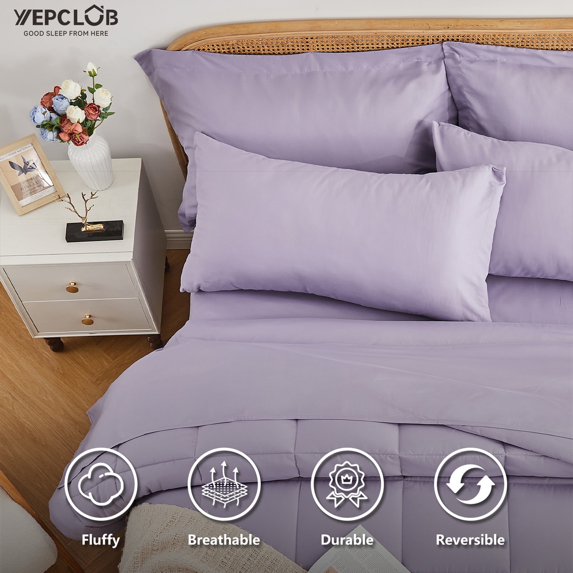 YEPCLUB King 7-Piece Bedding Set: Light Purple Comforter, Sheets, 2 ...