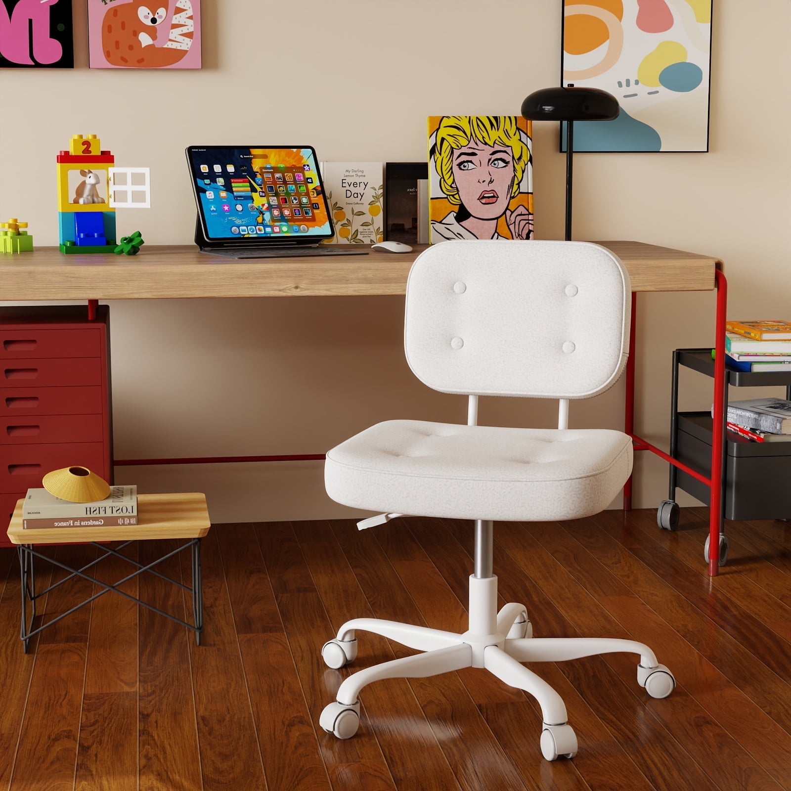 YERAIRR Armless Office Chair with Wide Seat,Teddy Fleece Fabric ...