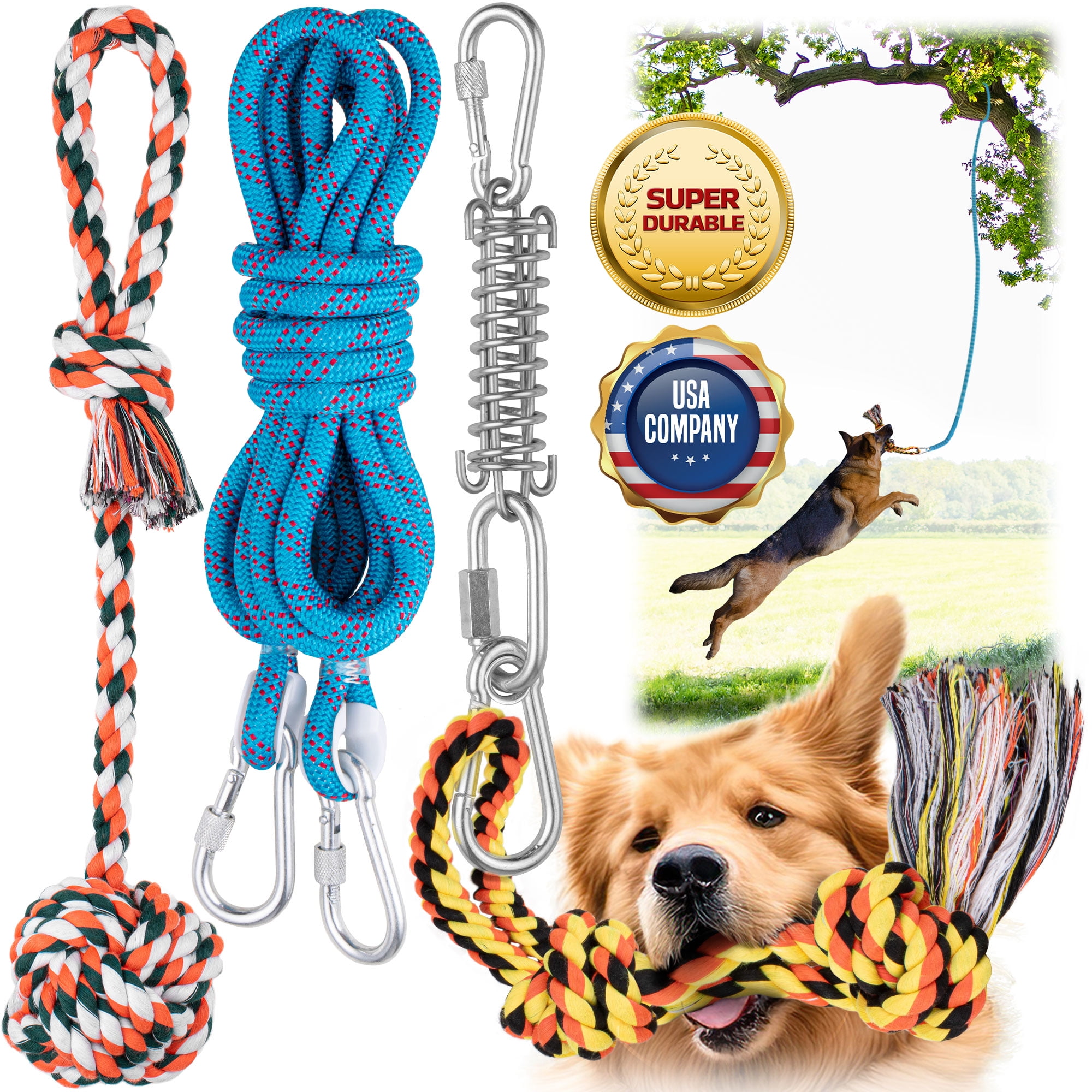 Yes4Quality Outdoor Pet Tether Toy, Heavy-Duty Bungee Tug Rope w/ Metal ...