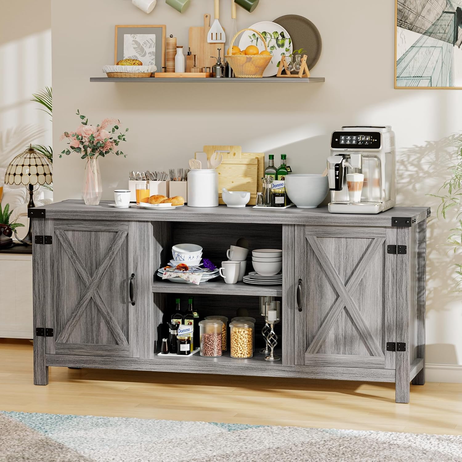 YESHOMY Farmhouse Buffet & Sideboard, 58" Kitchen Storage Cabinet with ...