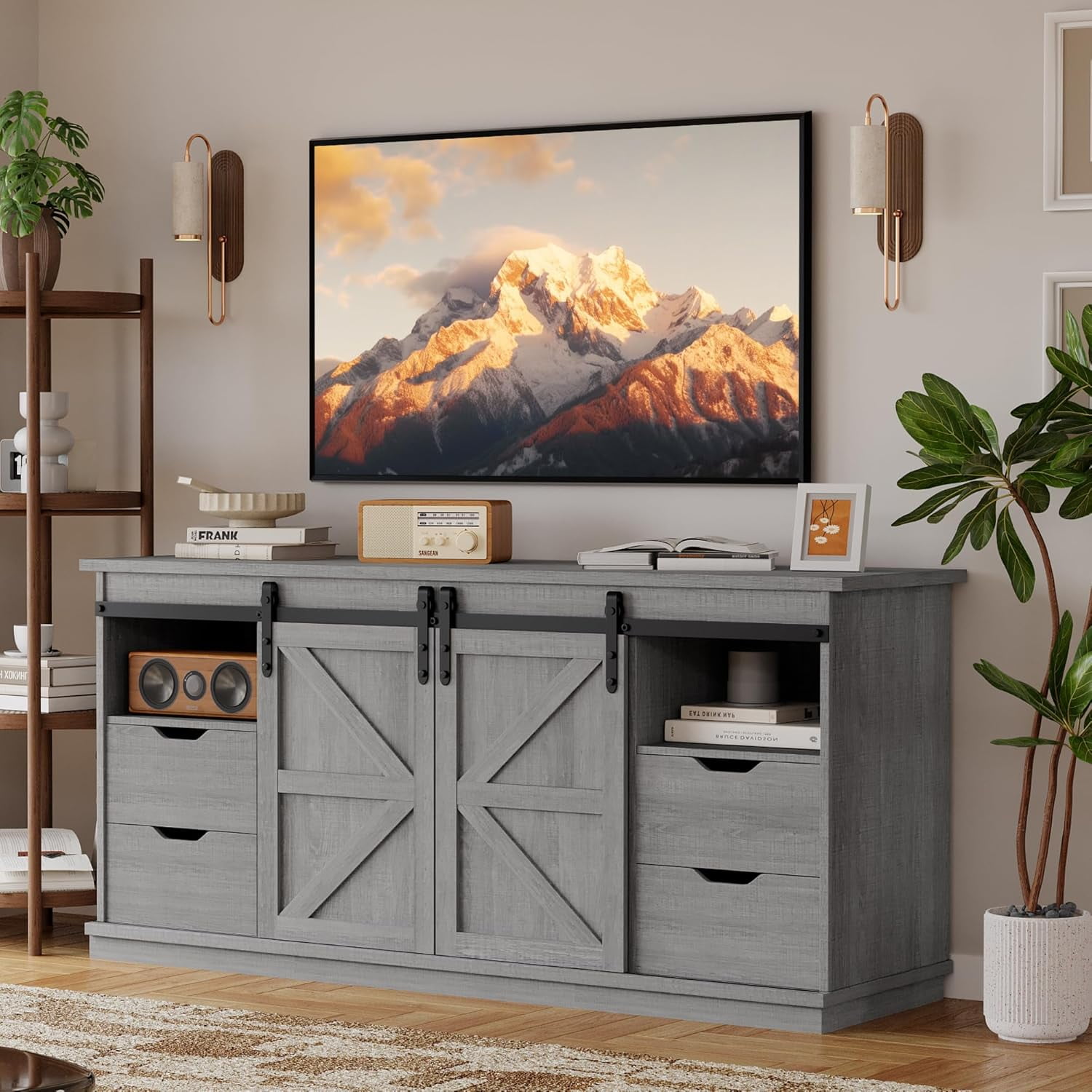 YESHOMY Farmhouse TV Stand for Televisions up to 65 Inch, Wood ...