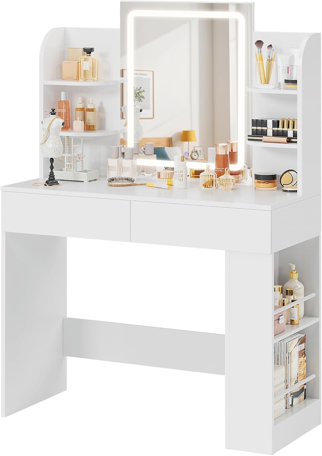 YESHOMY Vanity Desk with Mirror, Makeup Vanity Table with LED Lights, 3 ...