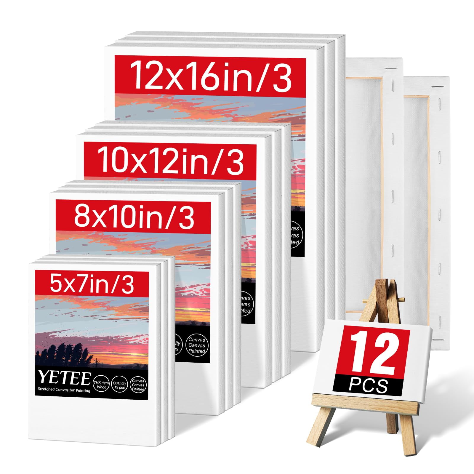 YETEE 12 Pcs Stretched Canvas for Painting, Multiple Sizes: 12x16 ...