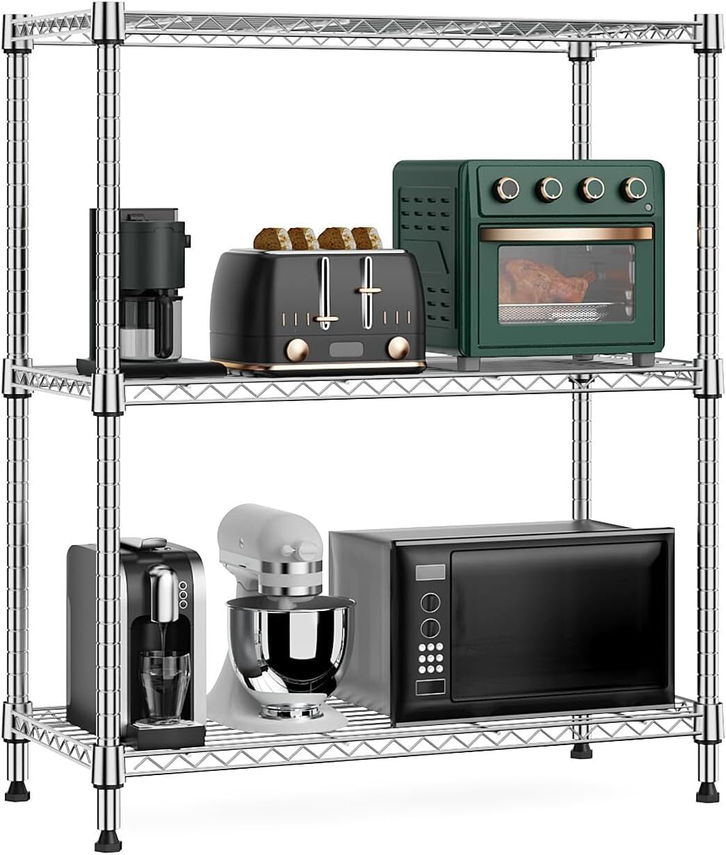 YEXJ 3 Tier Pantry Rack Metal Steel Stackable Wire Shelves Kitchen ...