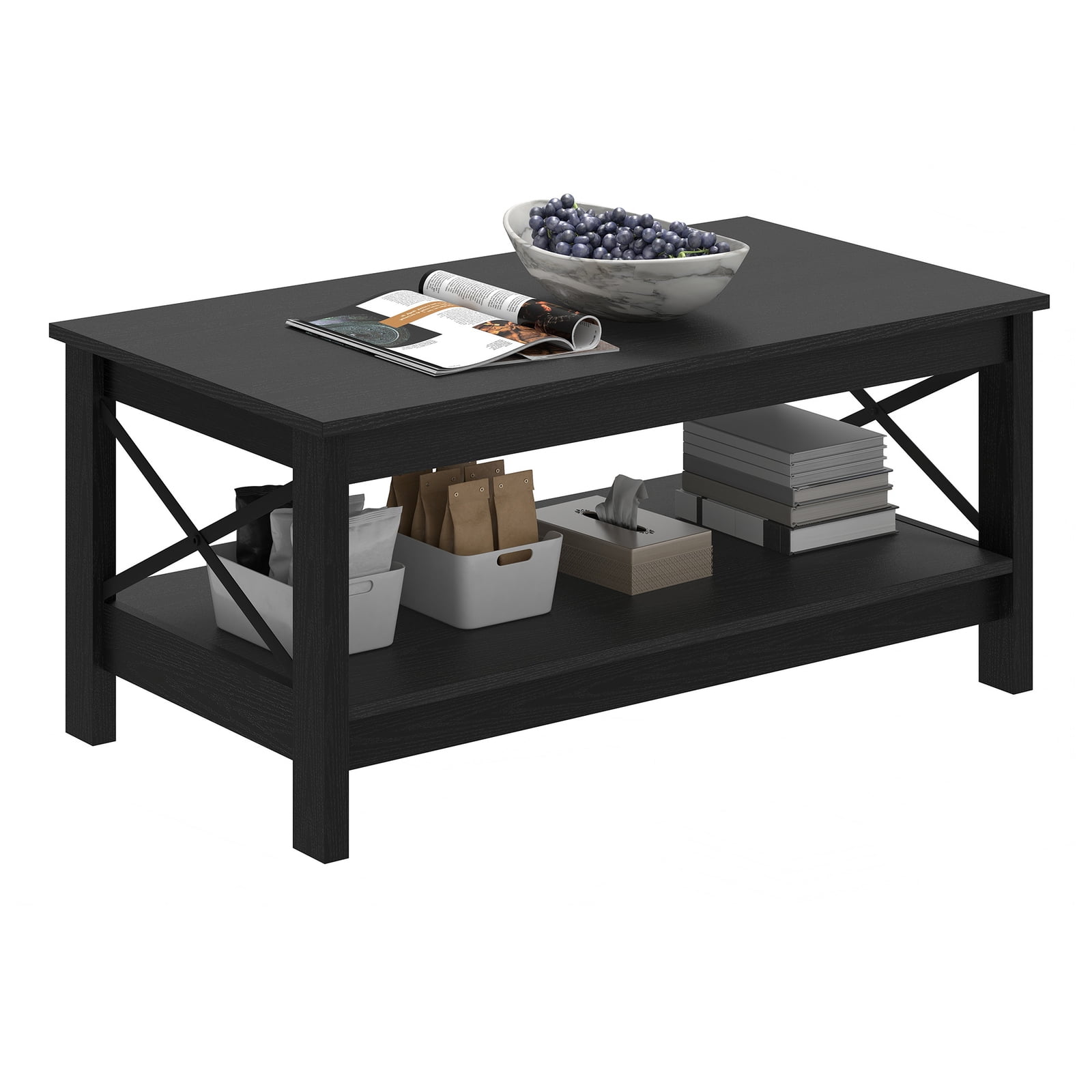 YEXJ 39" Farmhouse 2-Tier Rectangular Coffee Table - Solid Wood Frame, Distressed Finish, Open ...