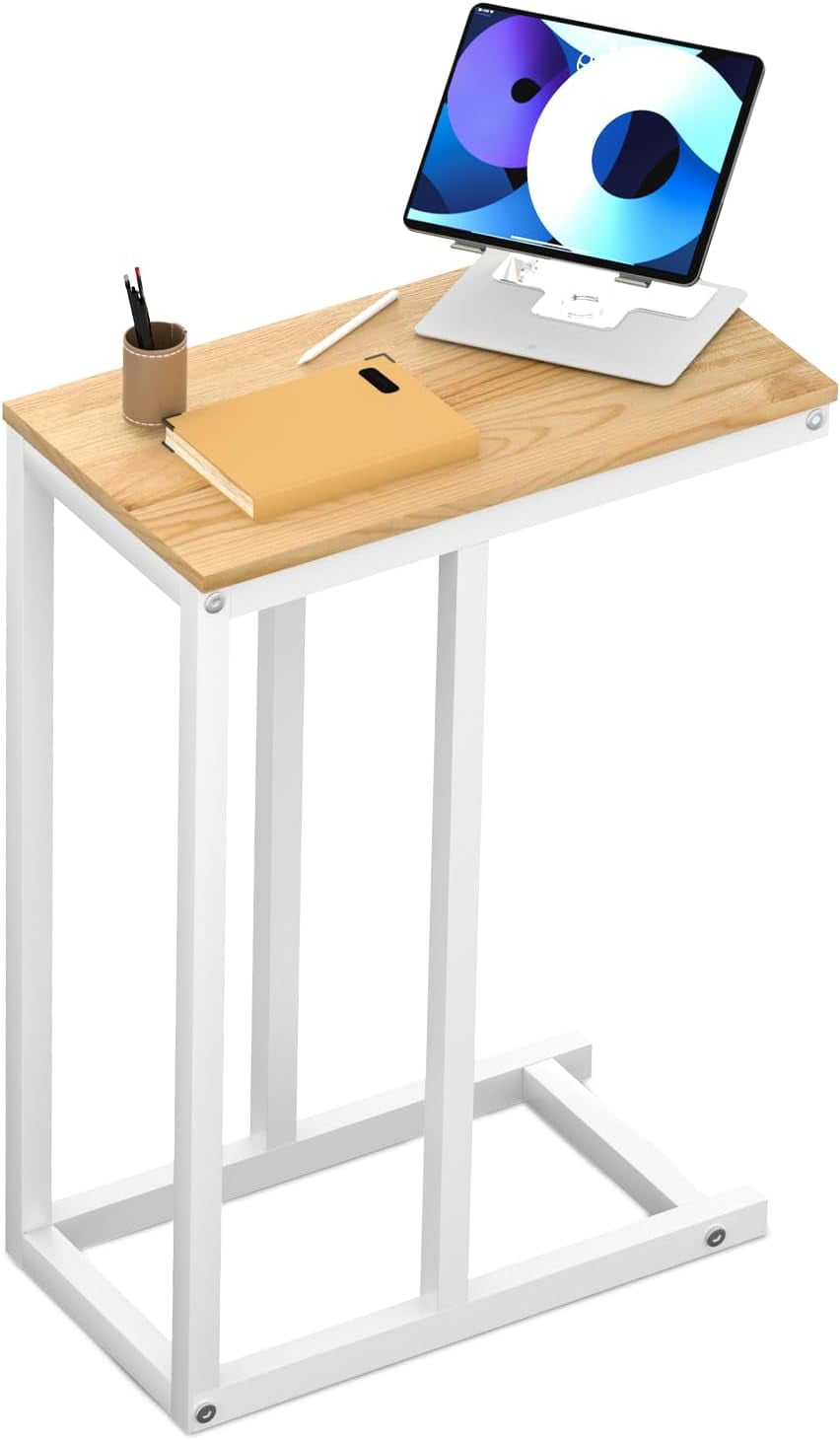 YEXJ C Shaped Side Table Small Bedside Table Metal Frame Wooden Board C ...