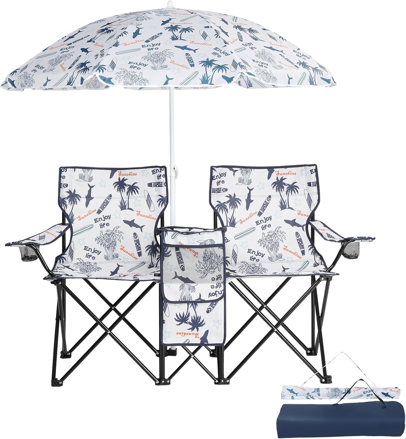 YEXJ Folding Double Camping Chair w/Umbrella Beverage Holder Carrying ...