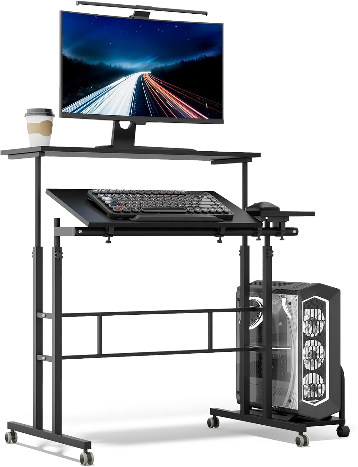 YEXJ Height-Adjustable Mobile Laptop Stand Cart with CPU Holder ...
