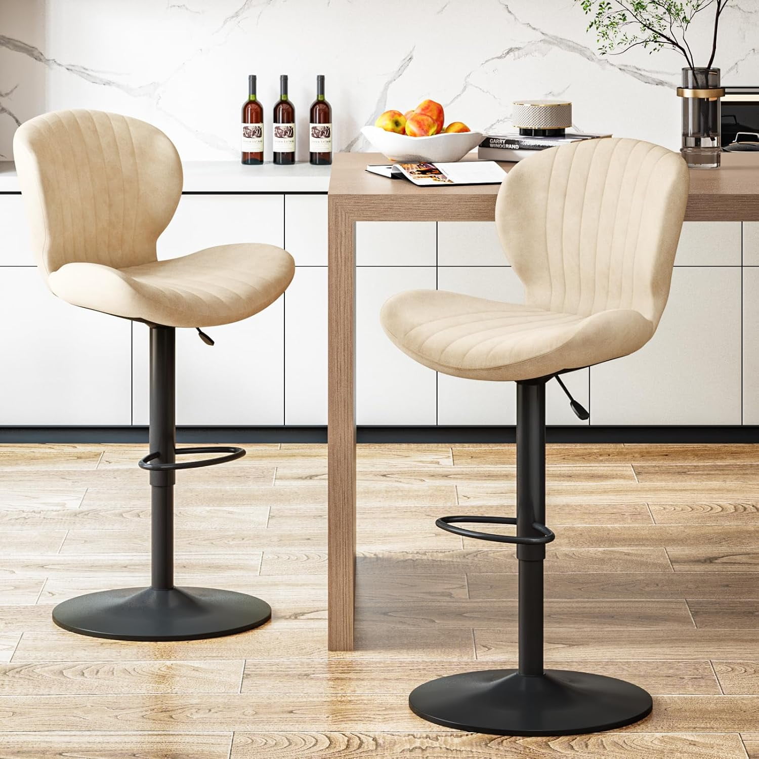 YEXJ Modern Adjustable Bar Stools Set of 2, Faux Leather Upholstered ...