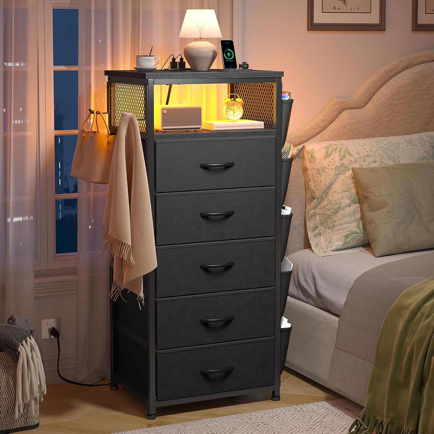 YEXJ Nightstand with Charging Station, Tall Night Stand with 5 Dresser ...