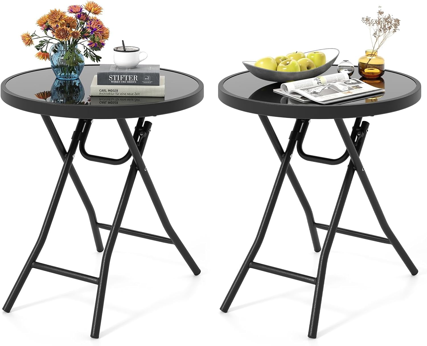 YEXJ Set of 2 Folding Outdoor Side Tables, 18” Round End Table with Tempered Glass Tabletop ...