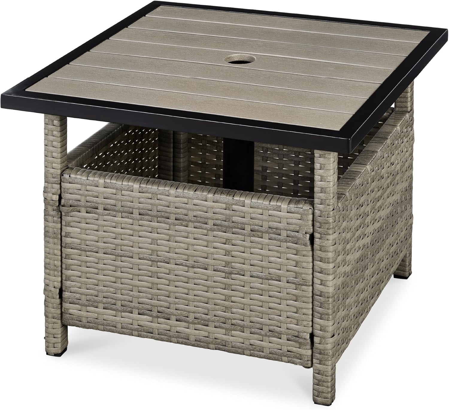 YEXJ Wicker Side Table with Umbrella Hole, Square PE Rattan Outdoor End ...