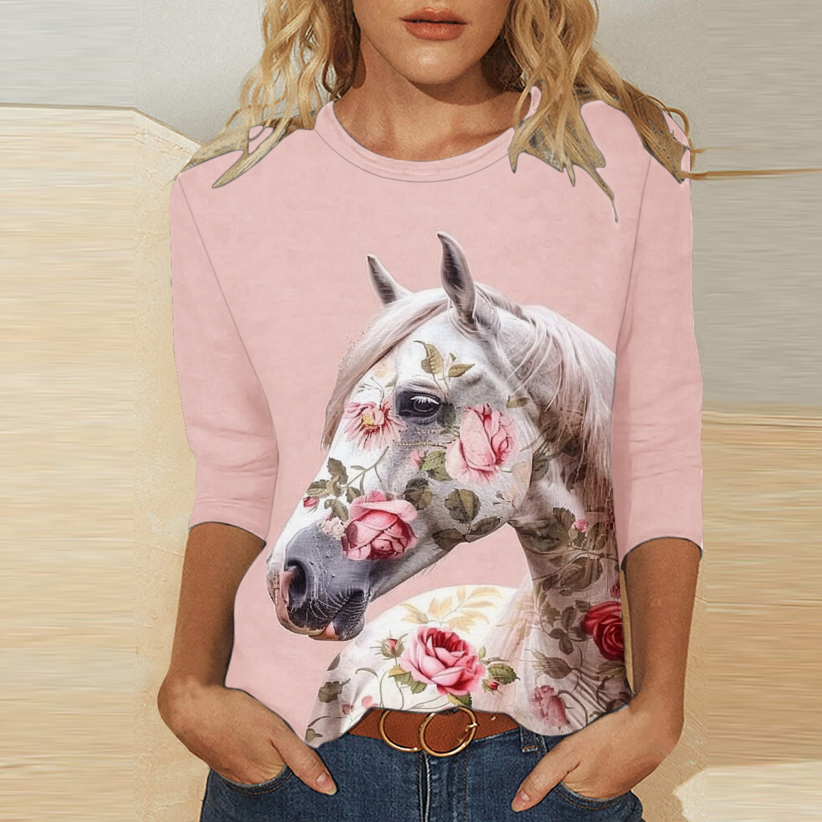 YEYLANERS Horse Print 3/4 Sleeve Tops for Women Vintage Painting T Shirts Womens Round Neck ...