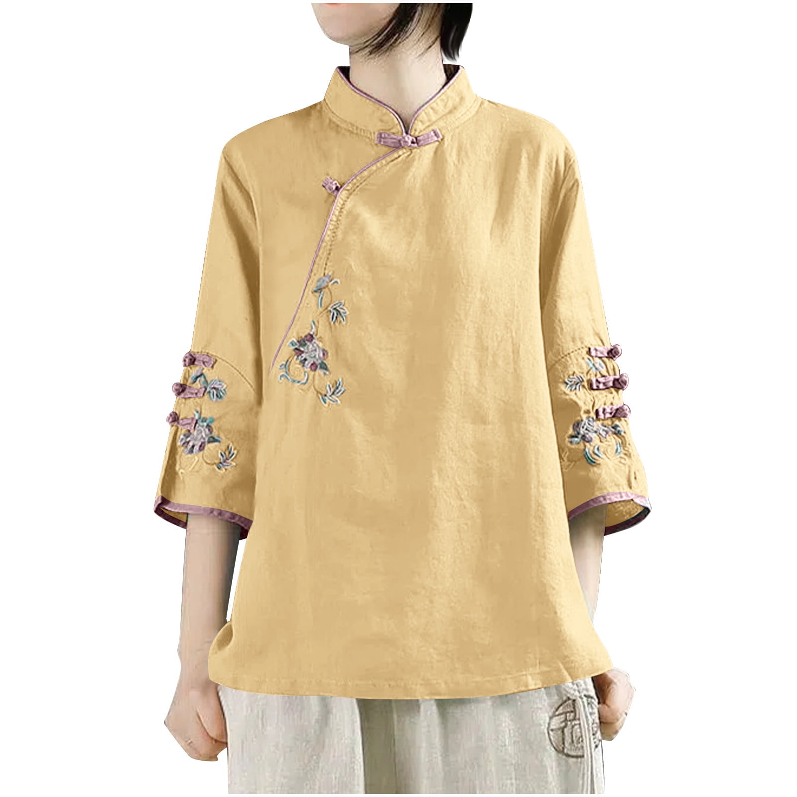 YEYLANERS Linen Blouse Women Chinese Style Improved Cheongsam Hanfu Button Cotton Linen Shirt ...