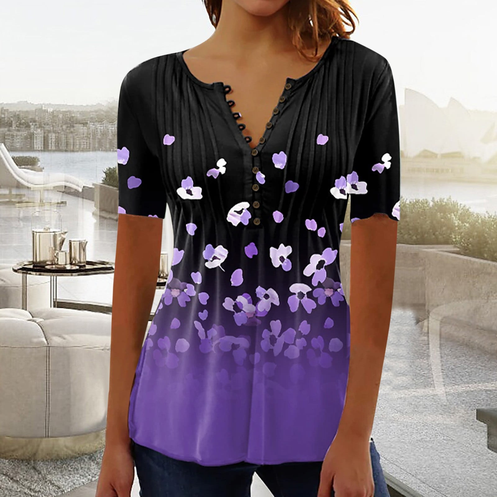YEYLANERS Plus Size Henley Shirt Women Casual V Neck Button Up Floral ...