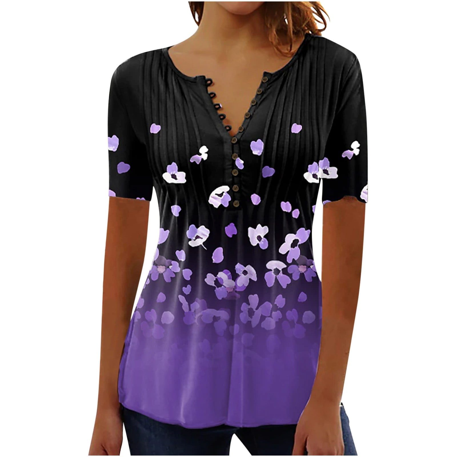 YEYLANERS Plus Size Henley Shirt Women Casual V Neck Button Up Floral ...