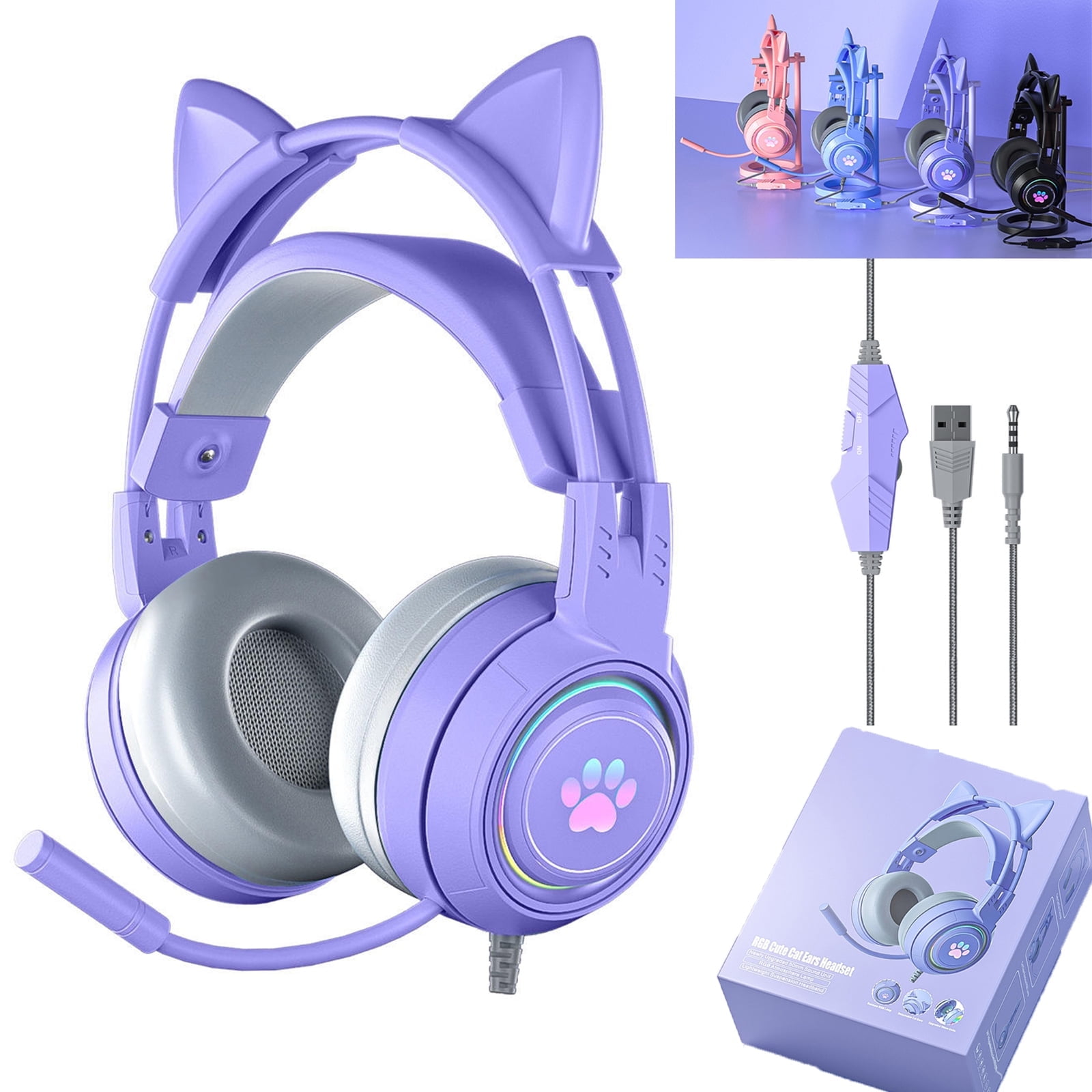 YEYUN Gaming Headset with Cat Ears, Pink Headset with Surround Sound ...