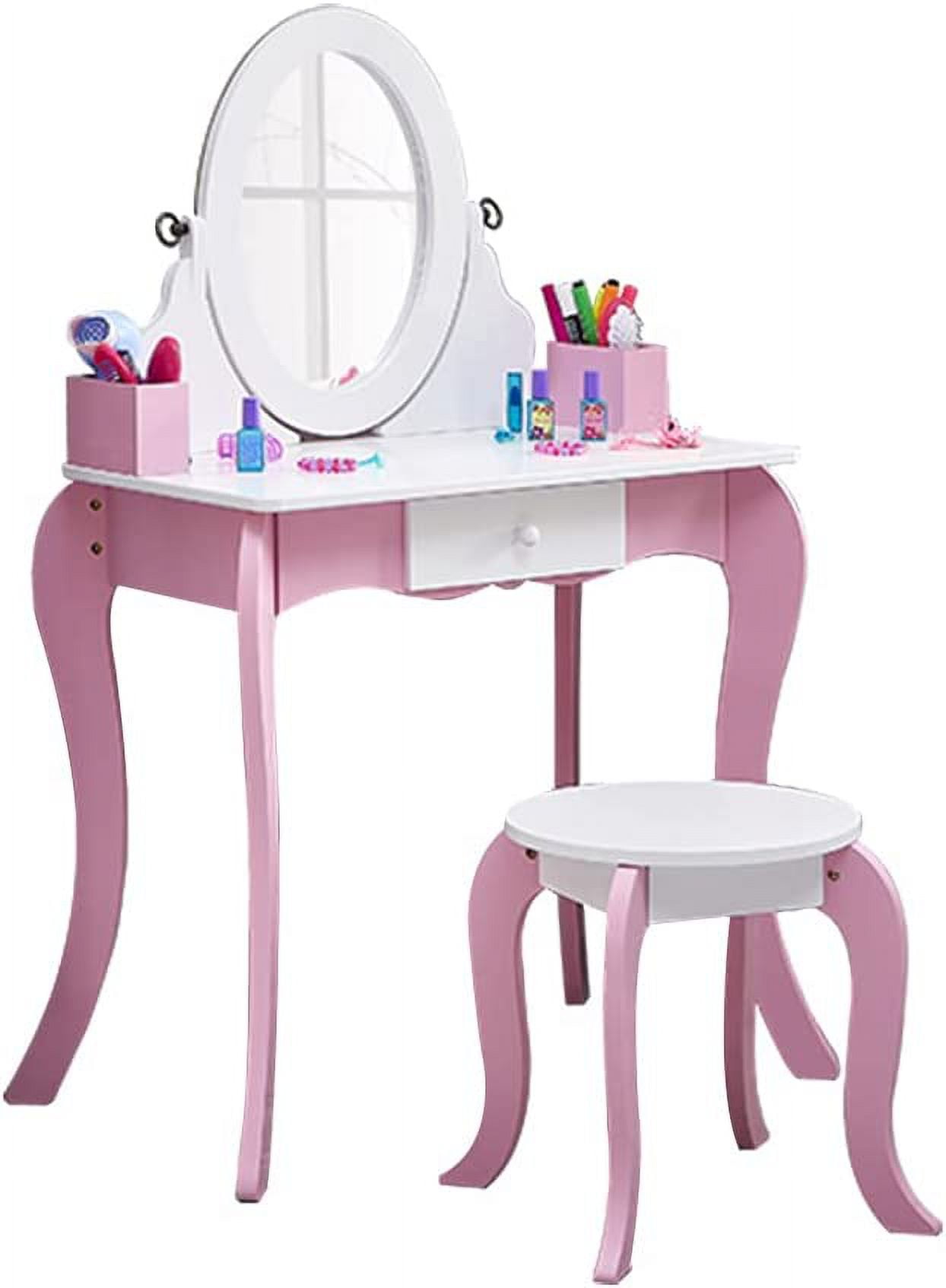 YFDZONE Kids Vanity with Mirror and Stool Wooden Children Vanity Makeup ...