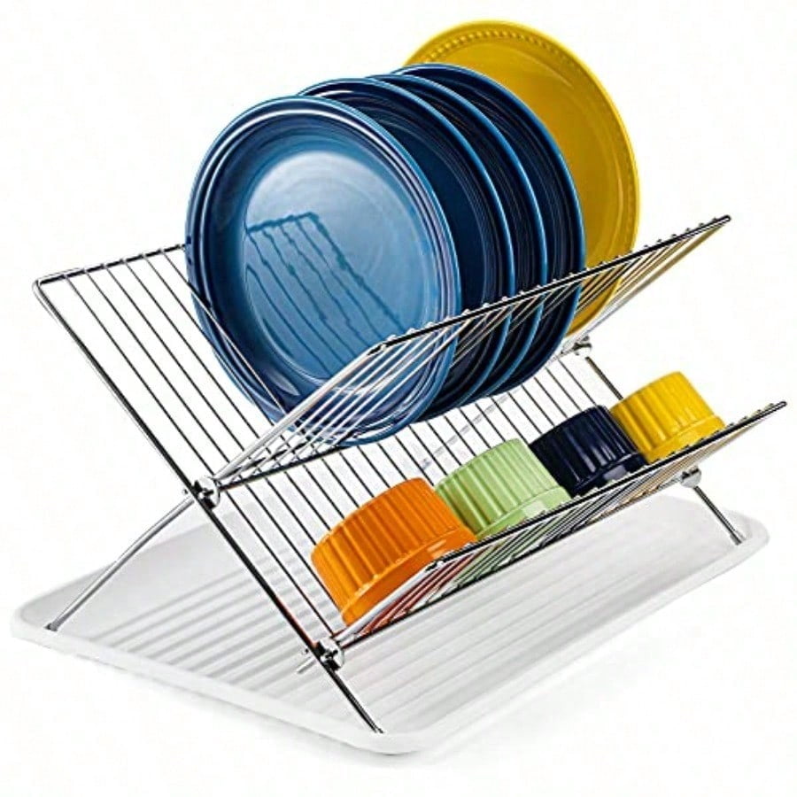 YFHL1 Foldable Dish Drying Rack With Drip Tray Stainless Steel 2 Tier ...