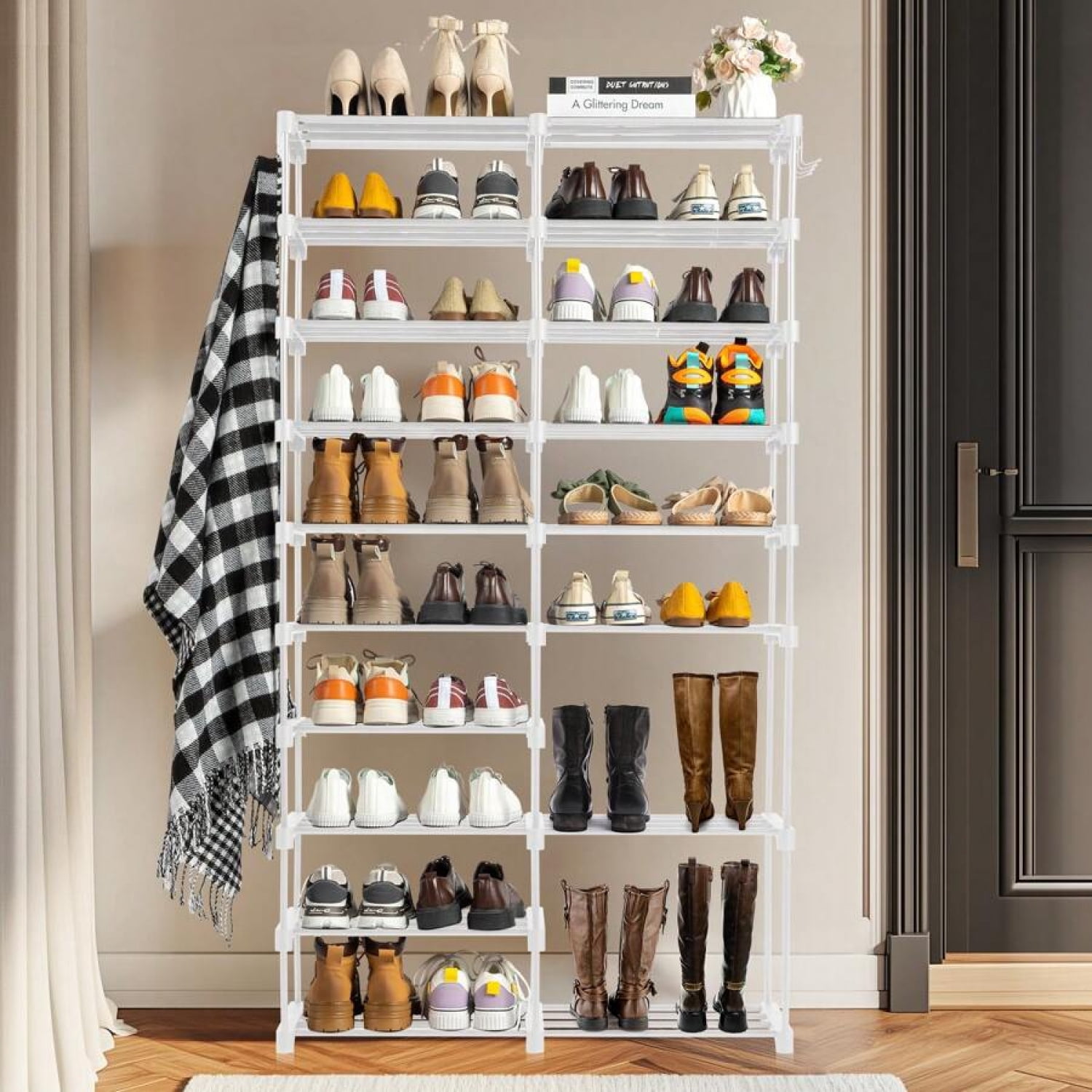 YFLXDMLYYSC Double Rows 10 Tiers Non-Woven Shoe Rack Iron Tube+PP Mat ...