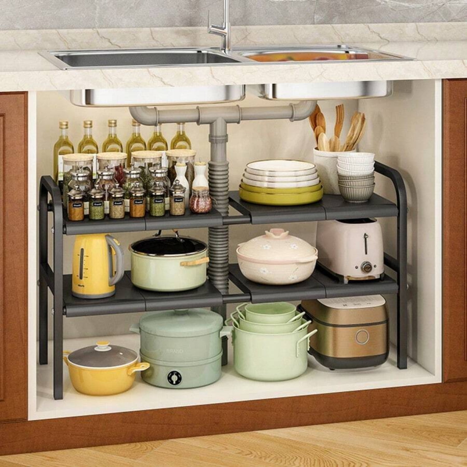 YFLXDMLYYSC Expandable Under Sink Organizer, Under Sink Shelf with 2 ...