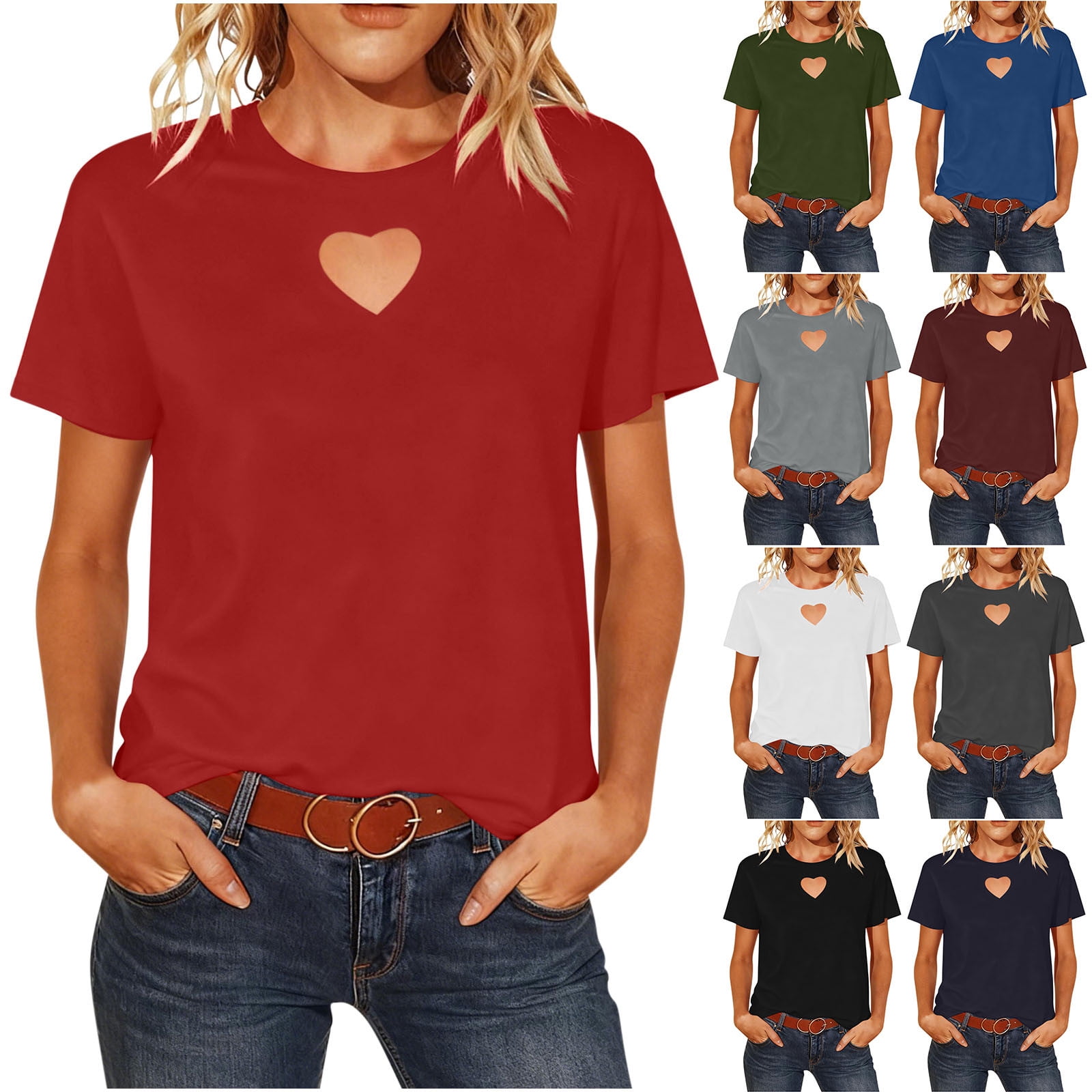 YFNNUP Heart Cut Out Tops for Women Valentines Day Short Sleeve Tshirt ...