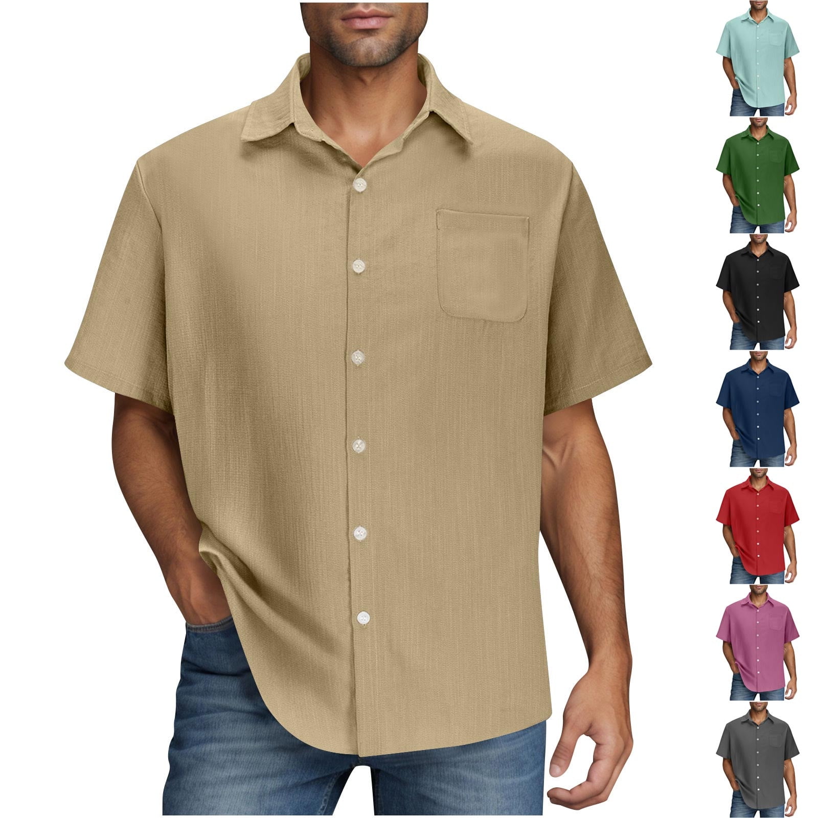 YFNNUP Men's Button Down Shirts Short Sleeve Linen Shirts Summer ...