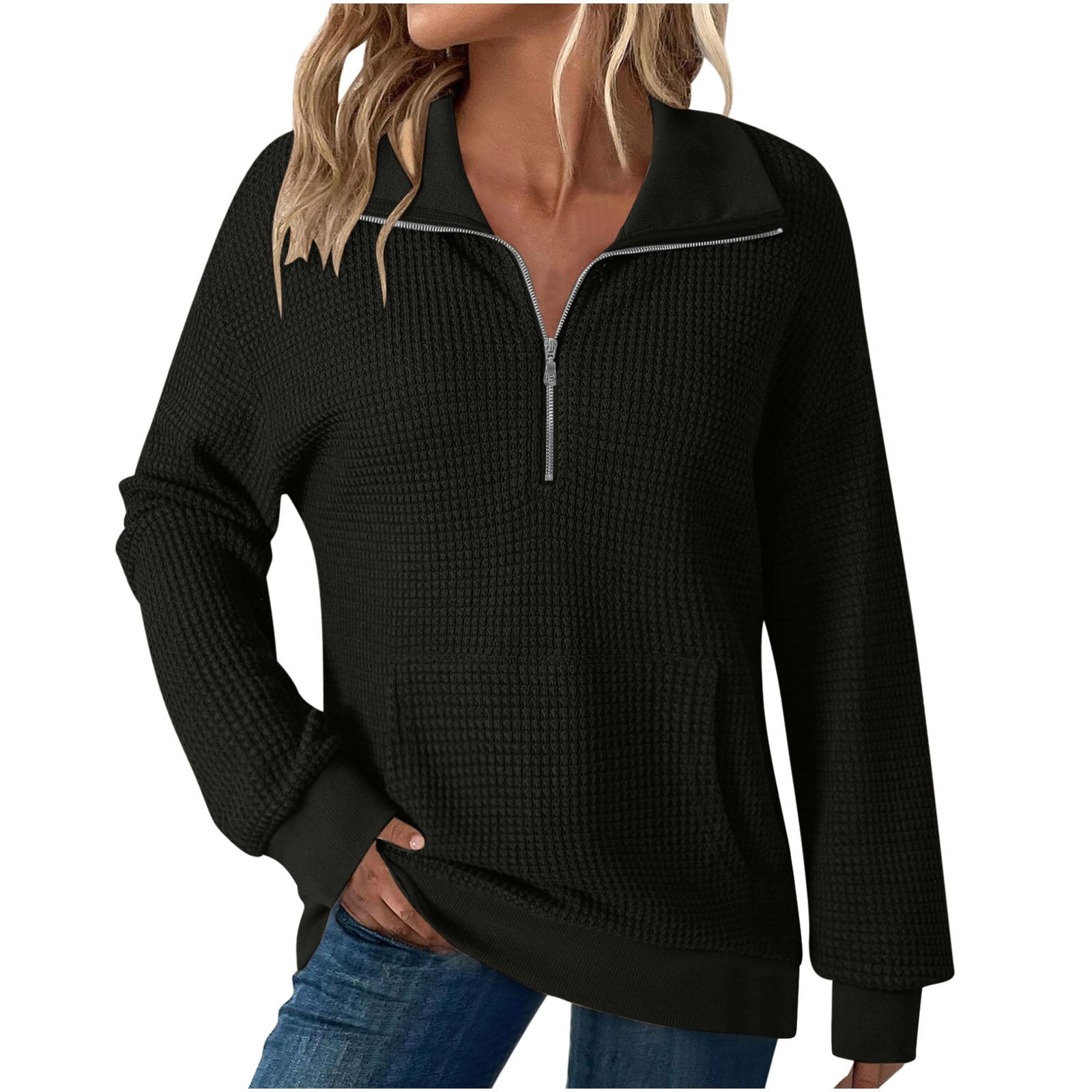 YFNNUP Womens Quarter Zip Pullover Sweatshirt Casual Waffle Sweatshirts ...